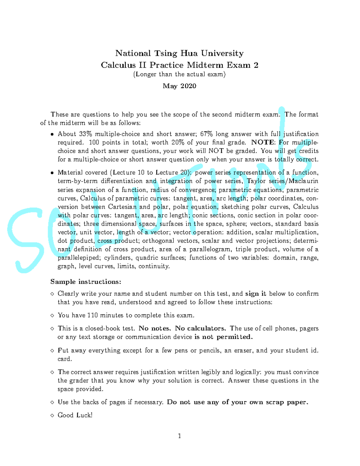 Calculus 2Practice Midterm 2 sol - National Tsing Hua University Calculus II Practice Midterm ...