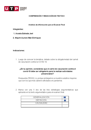 GC N01I Exfnconsigna 22C2A. 1 - Consigna para el Examen final Comprensión y Redacción de Textos ...