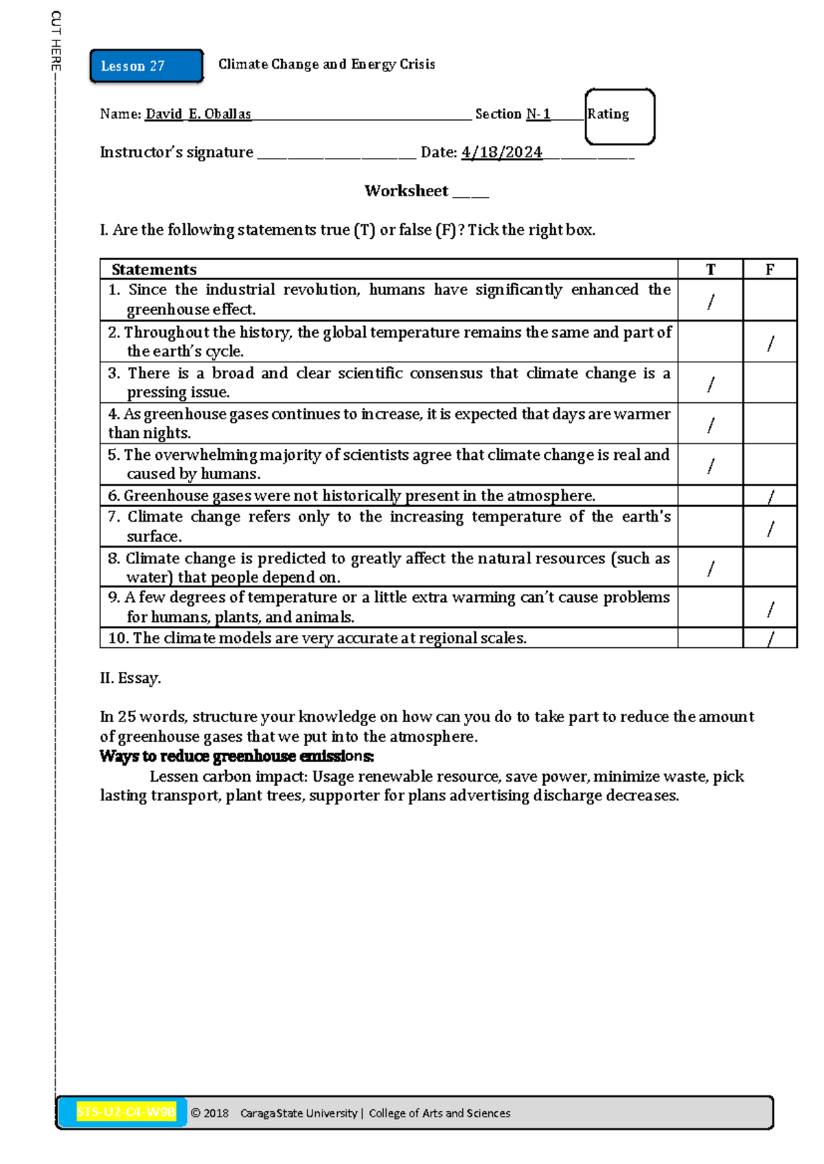 Worksheet 9 Climate Change - Lesson 27 Climate Change and Energy Crisis ...