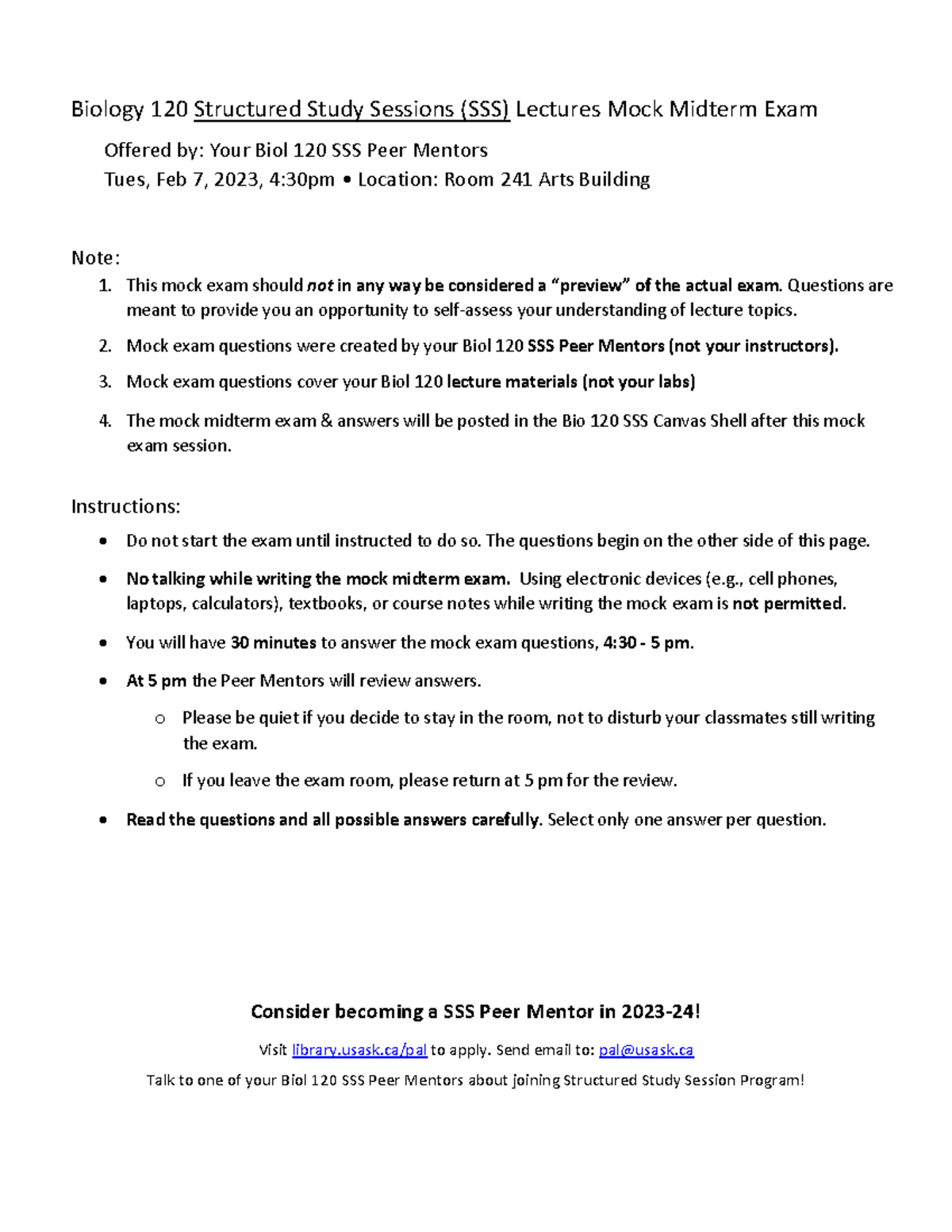 Biol120 Mock MTExam Feb 7 2023 Questions - Biology 120 Structured Study Sessions (SSS) Lectures ...