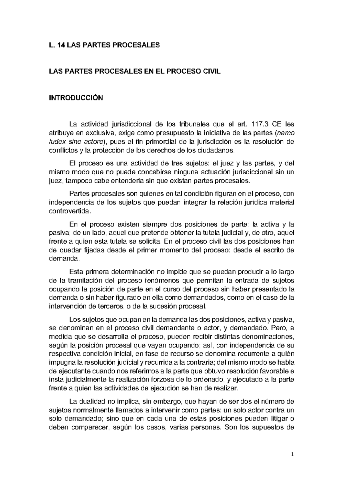 Tema 14 parte 1 - L. 14 LAS PARTES PROCESALES LAS PARTES PROCESALES EN ...