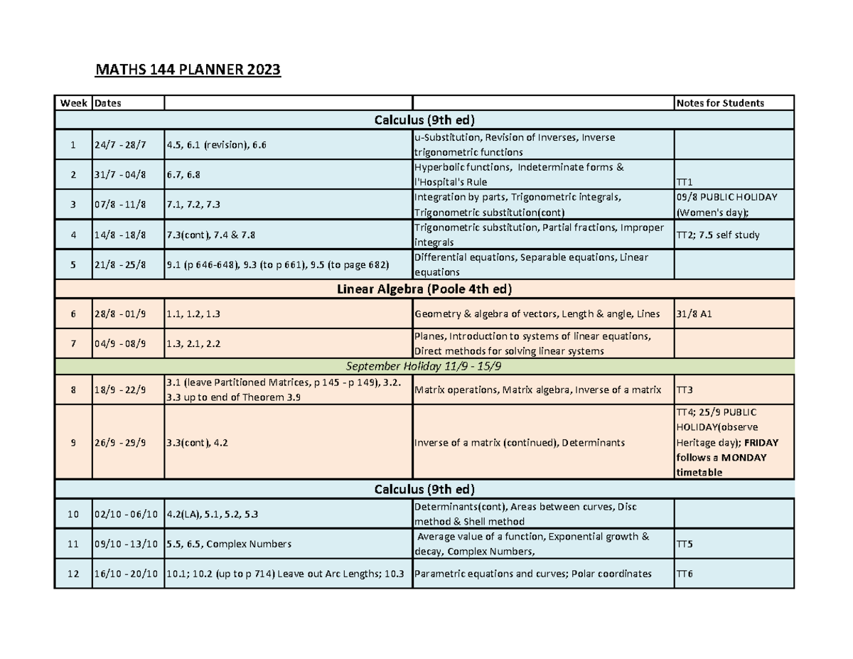 W144Workplan 2023(student) - Week Dates Notes for Students 1 24/7 - 28/ ...
