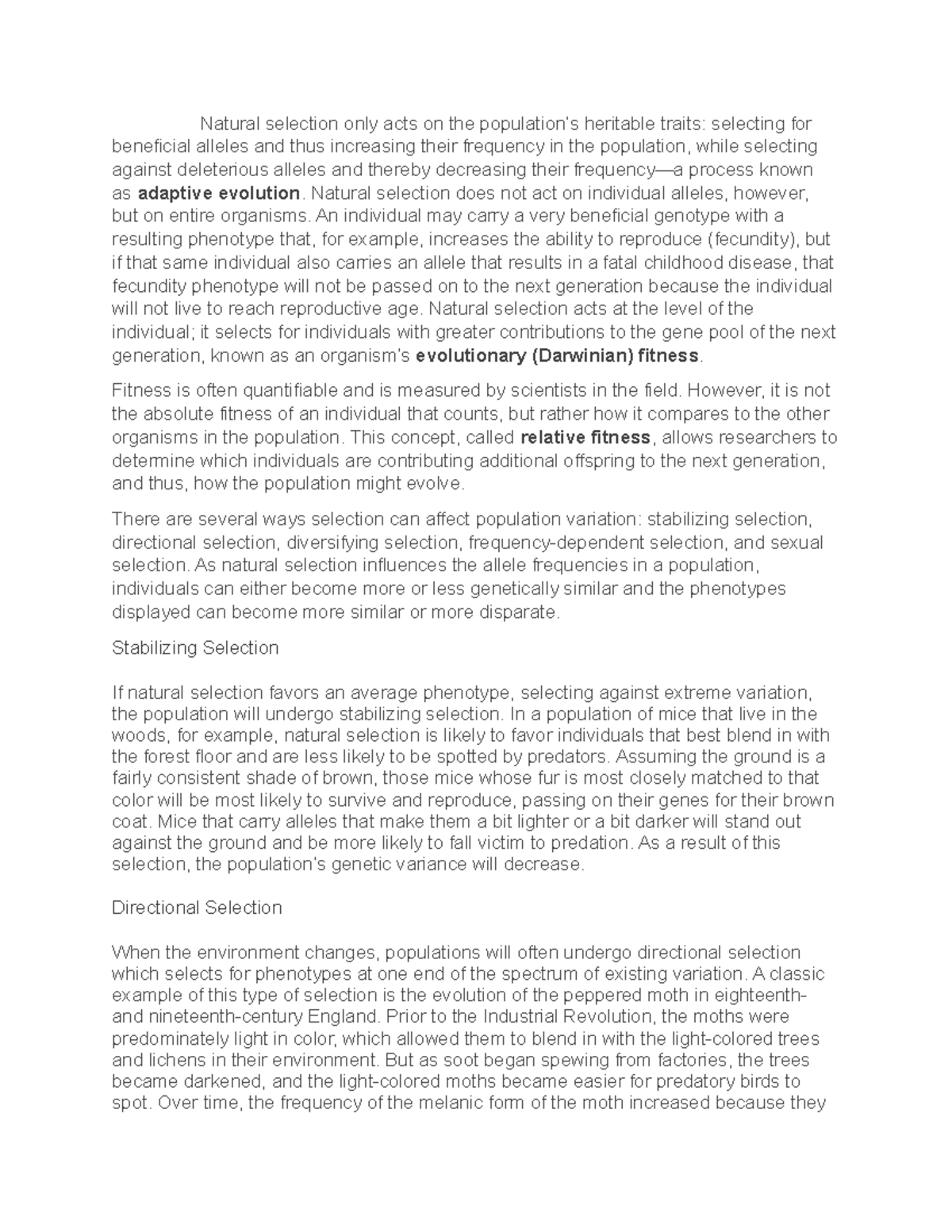 Adaptive Evolution AND Types - Natural selection only acts on the ...