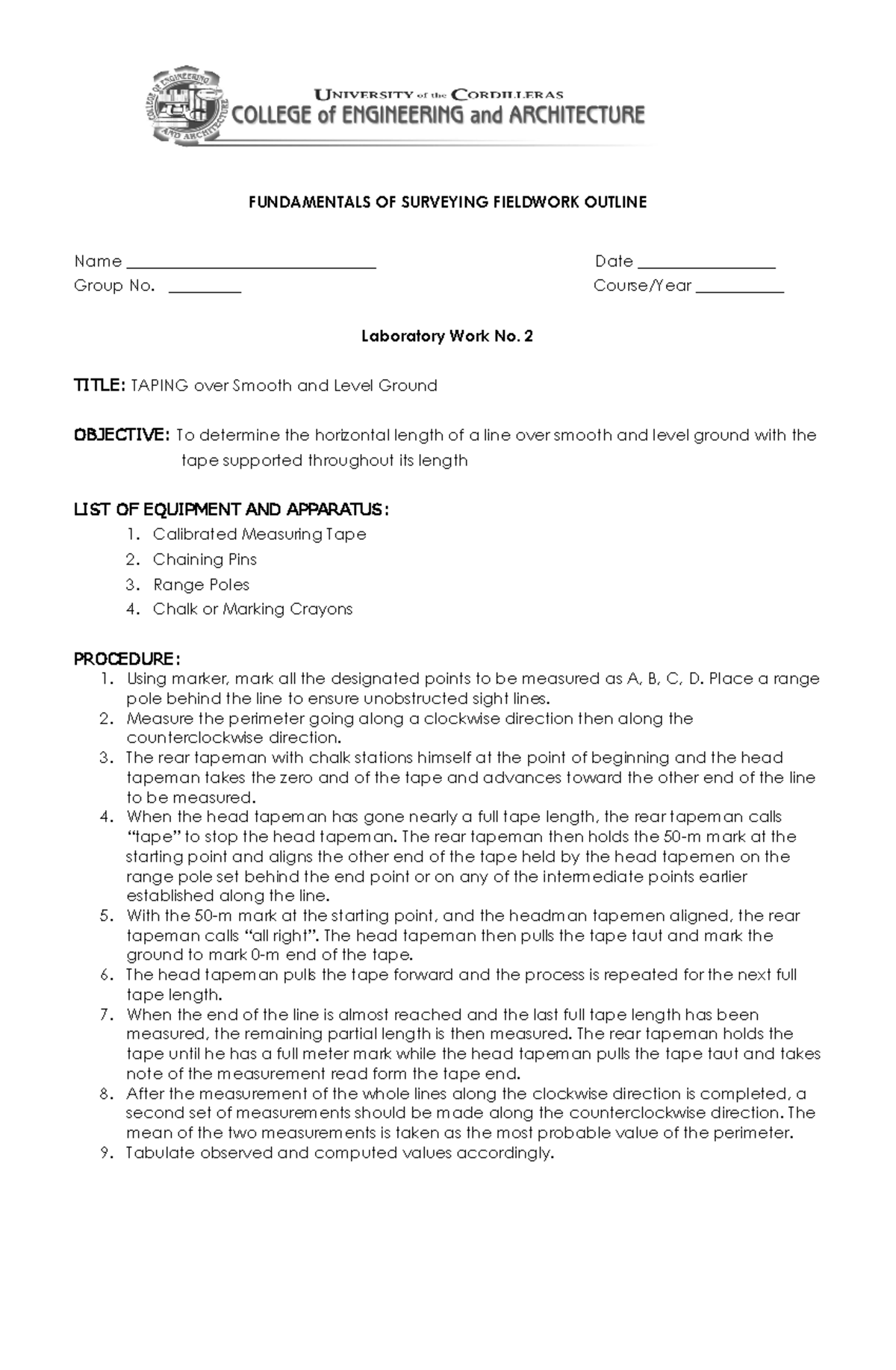 LAB Exercise No.2 Taping over a Smooth and Level Ground - FUNDAMENTALS ...