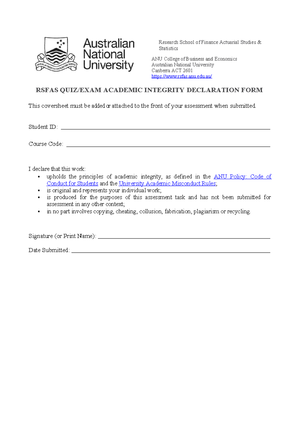 Quiz-Exam Declaration Form - Research School of Finance Actuarial ...