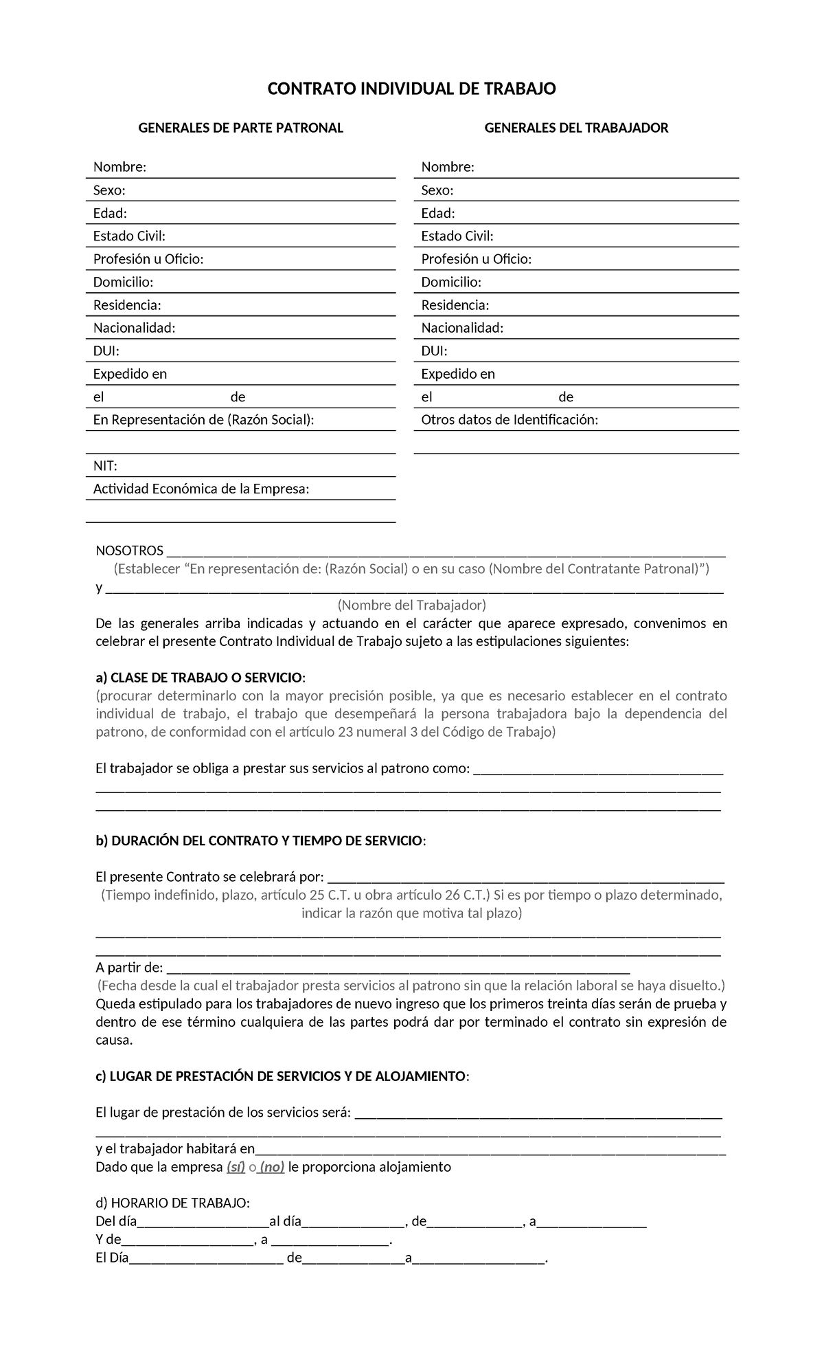 MTPS- Formato DE Contrato Individual DE Trabajo - CONTRATO INDIVIDUAL DE TRABAJO GENERALES DE ...