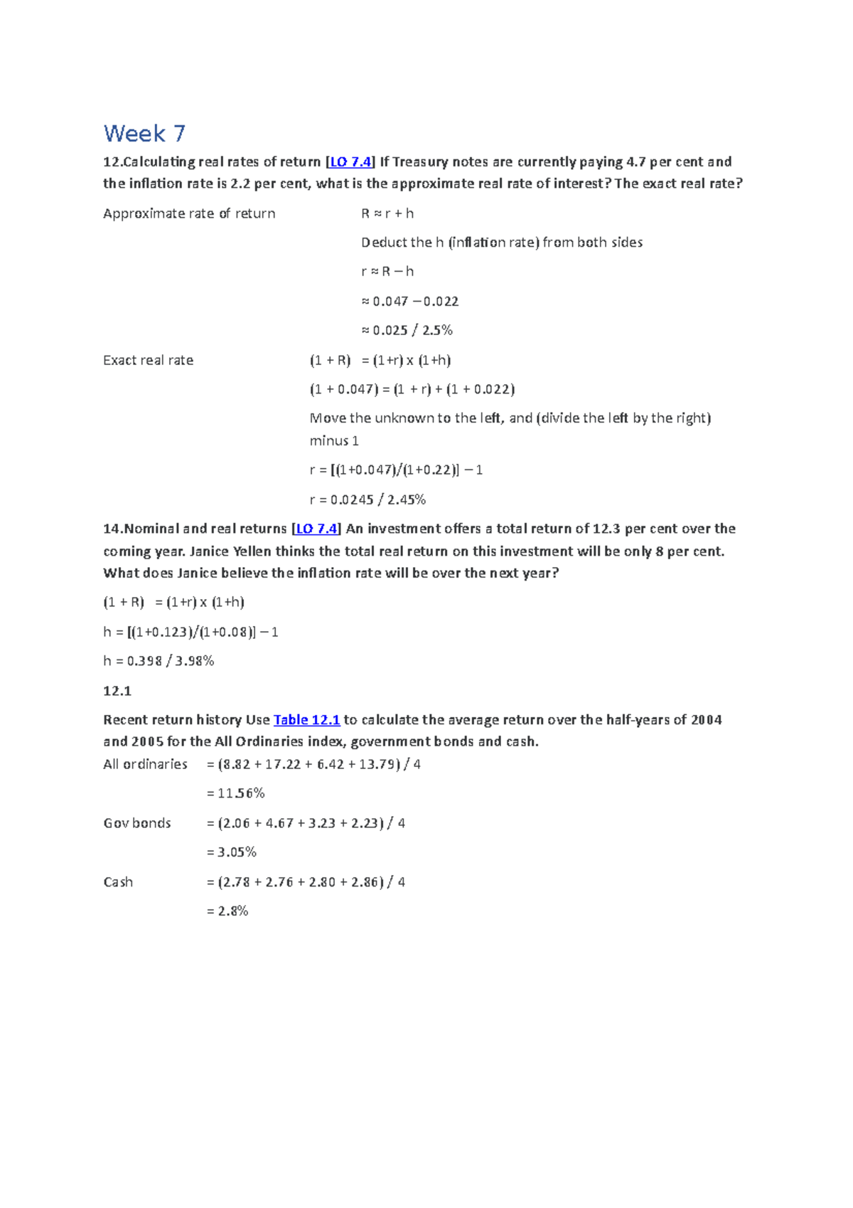 Week 7 study notes - Week 7 12 real rates of return [LO 7] If Treasury ...
