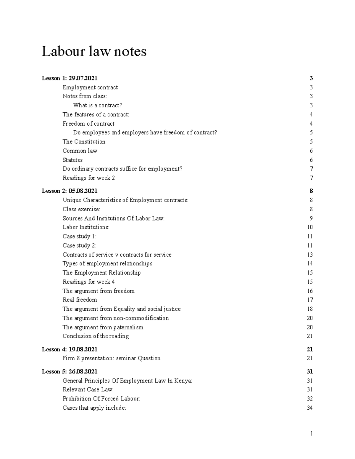 Comprehensive 1-brigit- Labour law notes - Labour law notes Lesson 1: ...