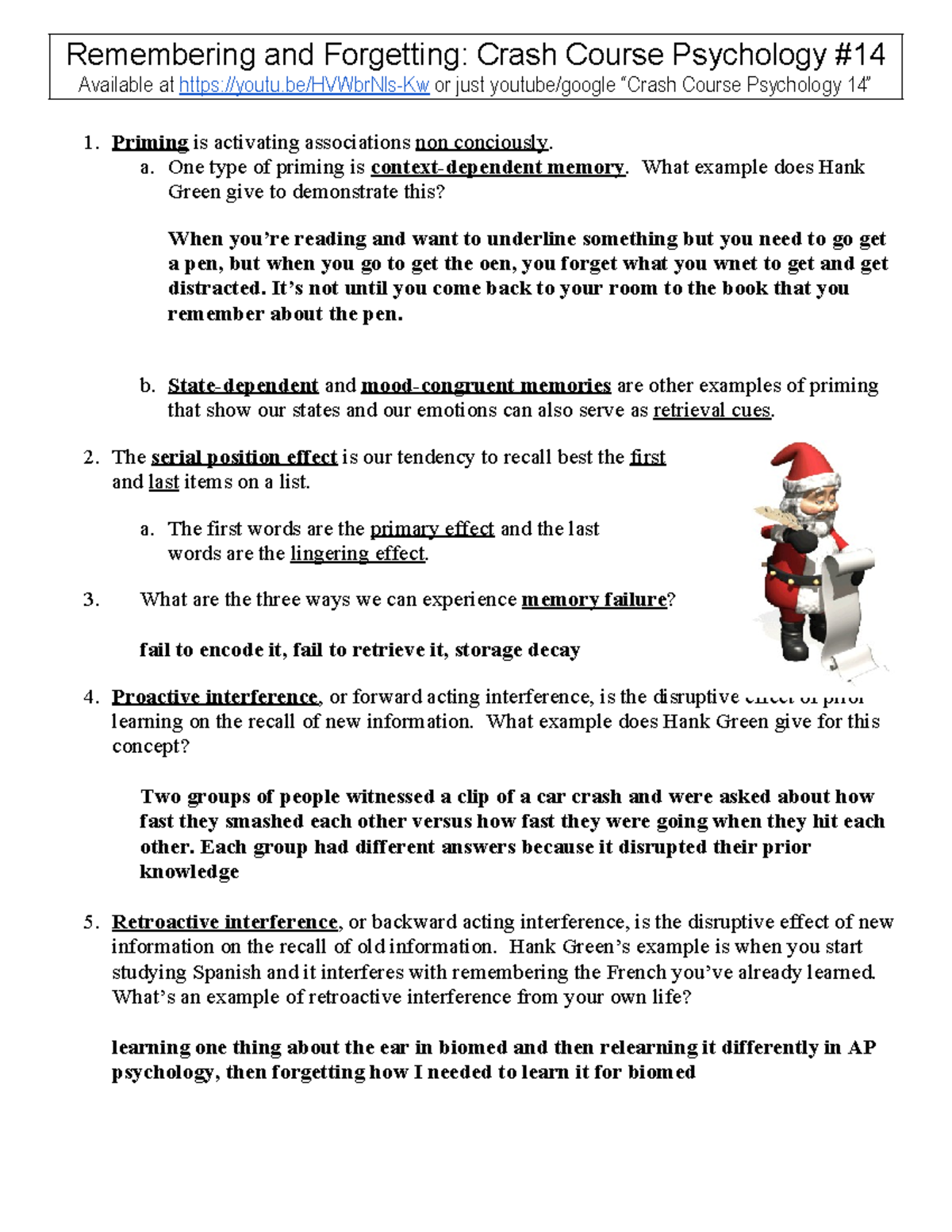 14 crash course - Remembering and Forgetting: Crash Course Psychology Available at youtu ...