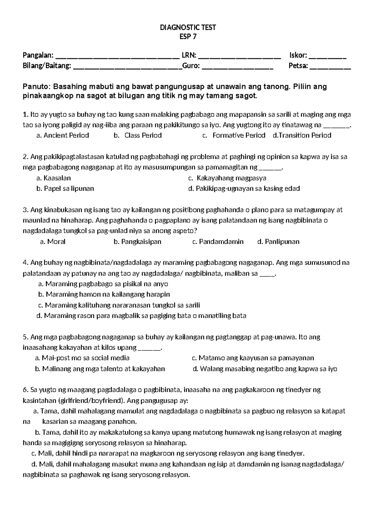 Diagnostic TEST ESP with Answer KEY - DIAGNOSTIC TEST ESP 7 Pangalan ...
