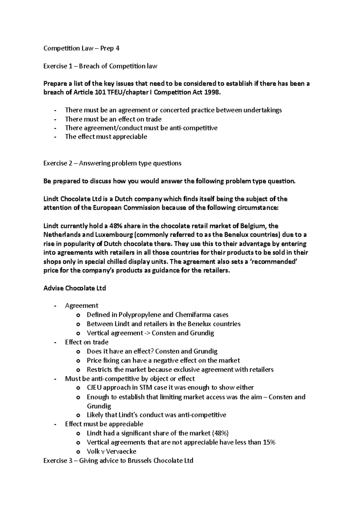 Competition Law - Prep 4 - Competition Law – Prep 4 Exercise 1 – Breach ...