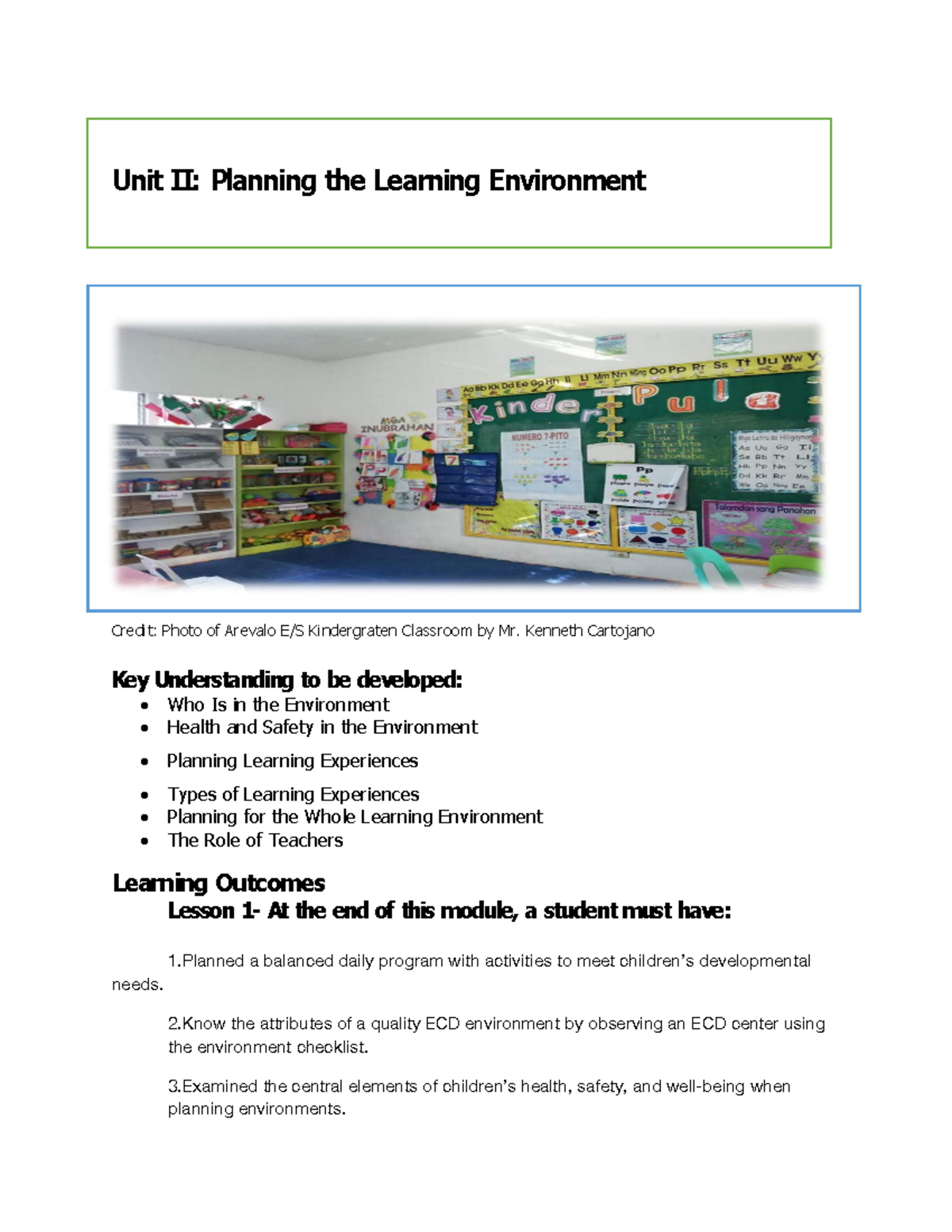 Unit II-Lesson 1 - ECED 216A Lesson 2 - Unit II: Planning the Learning ...