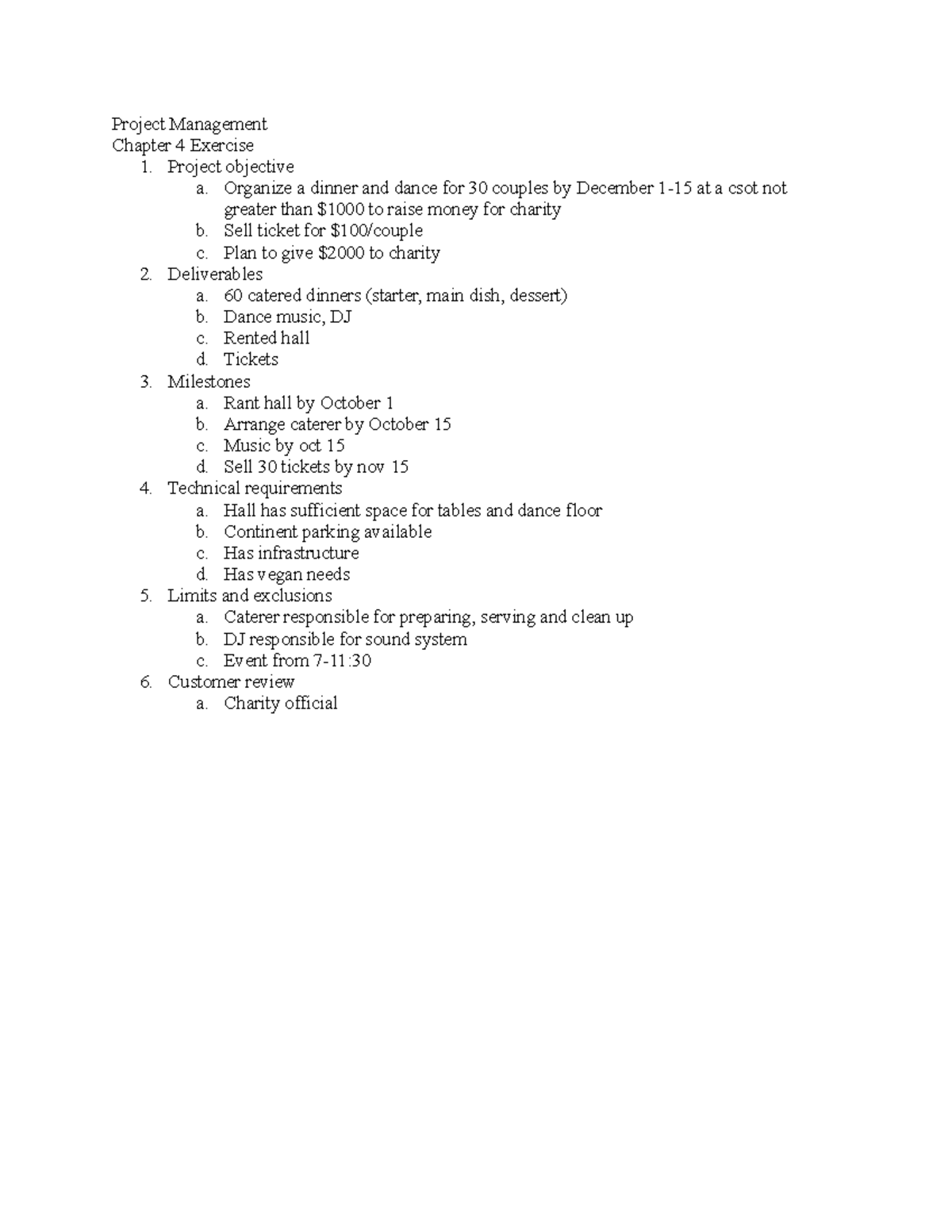 Project Management Chapter 4 Exercise - Project objective a. Organize a ...