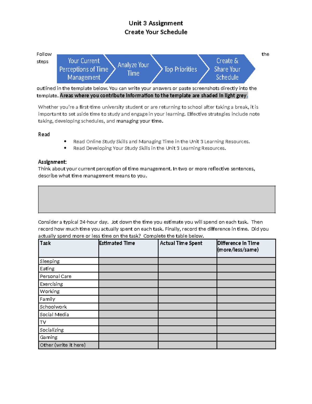 Unit 3 Assignment Template - Unit 3 Assignment Create Your Schedule Follow the steps outlined in ...