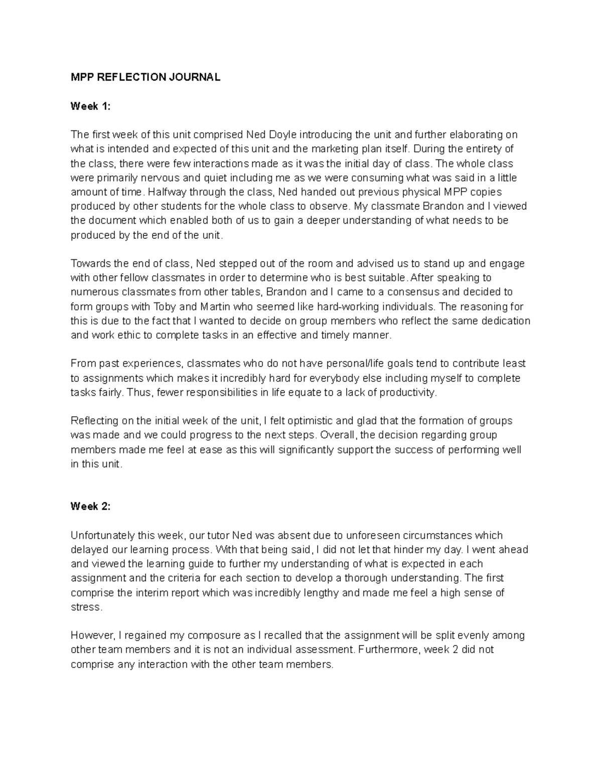 MPP Reflective Journal - MPP REFLECTION JOURNAL Week 1: The first week ...