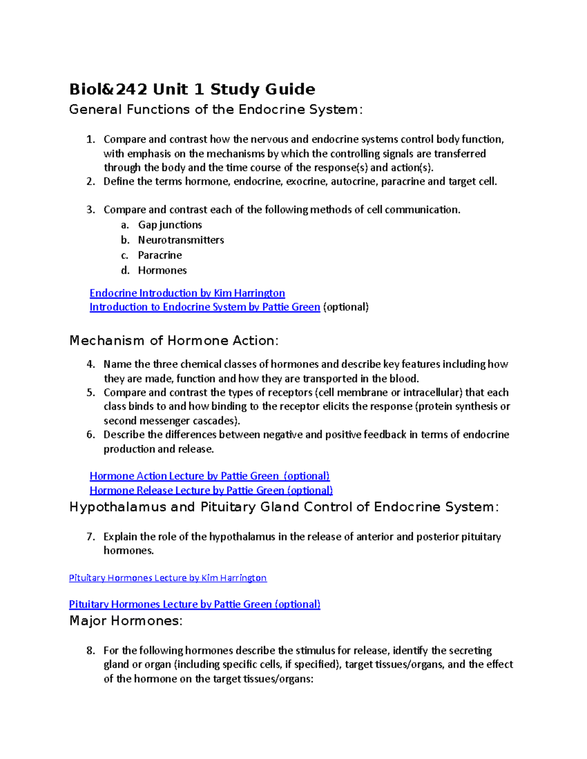 Study guide unit1 - Biol&242 Unit 1 Study Guide General Functions of ...
