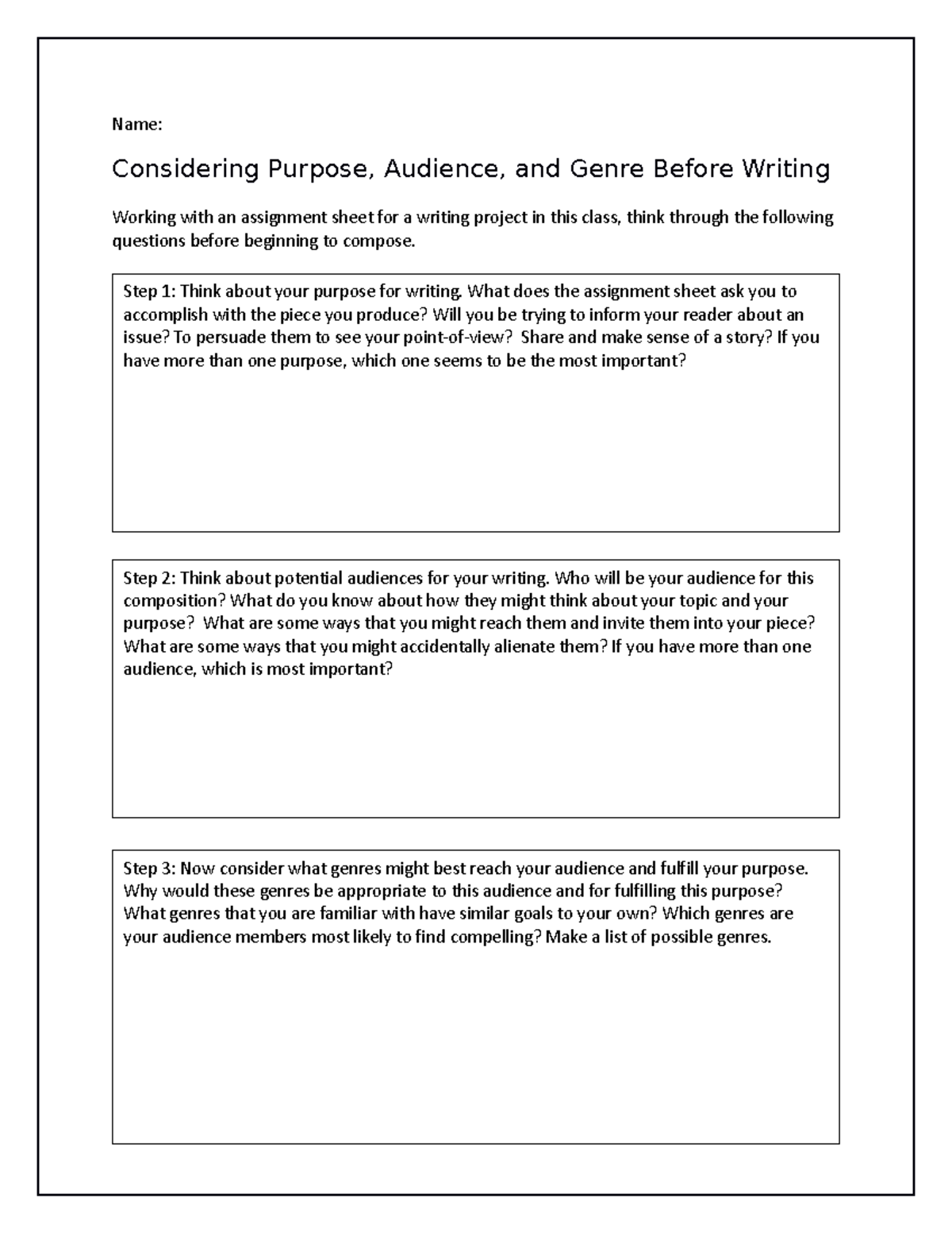 CH10 Worksheet Two - Name: Considering Purpose, Audience, and Genre ...