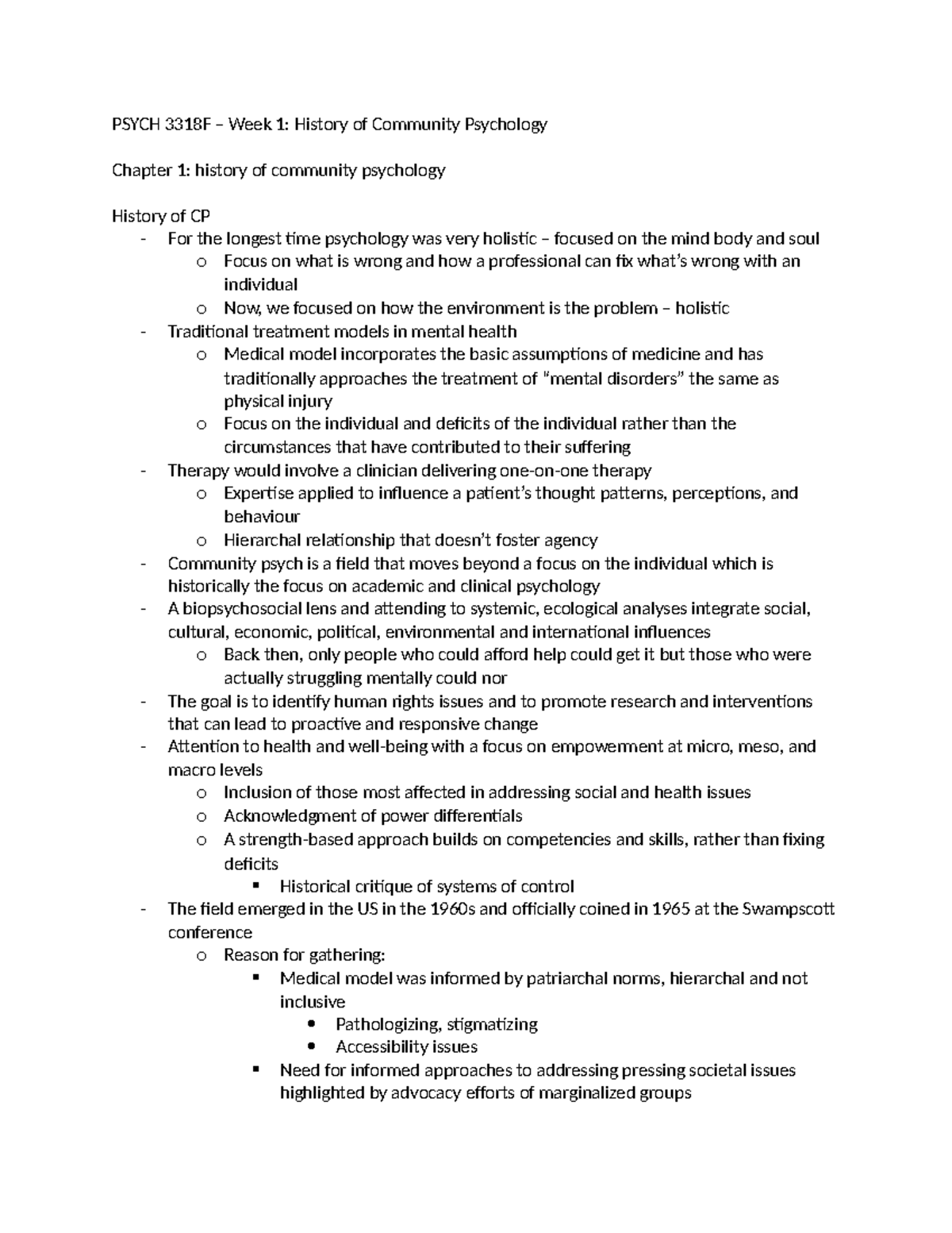Psych 3318F – Week 1- History of Community Psychology - PSYCH 3318F ...