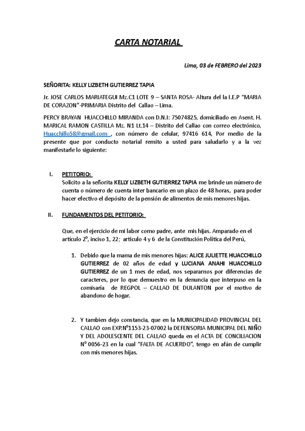 Carta Notarial Brayan Huacchillo final - CARTA NOTARIAL Lima, 03 de FEBRERO del 2023 SEÑORITA ...
