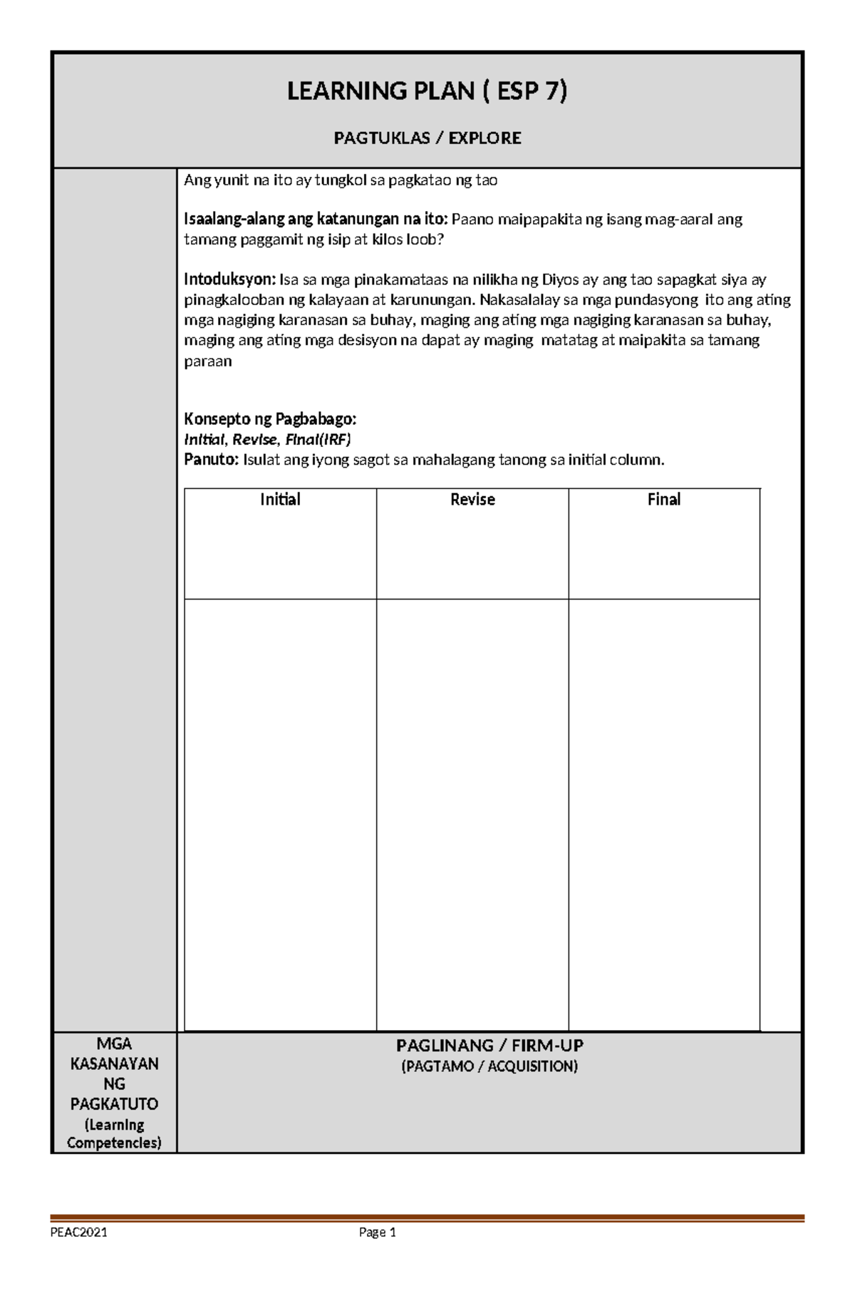 Learning-PLAN-Template (Grade 7) - LEARNING PLAN ( ESP 7) PAGTUKLAS ...