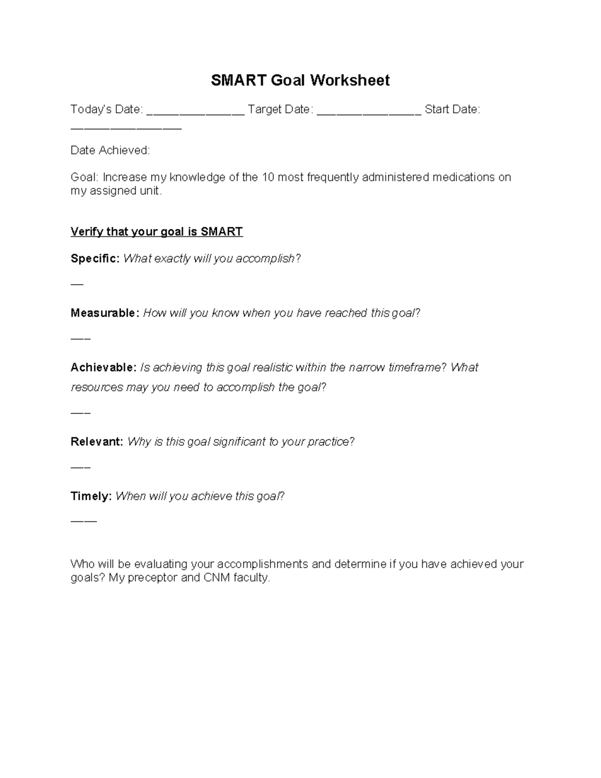 Smart Goal Worksheet - SMART Goal Worksheet Today’s Date ...