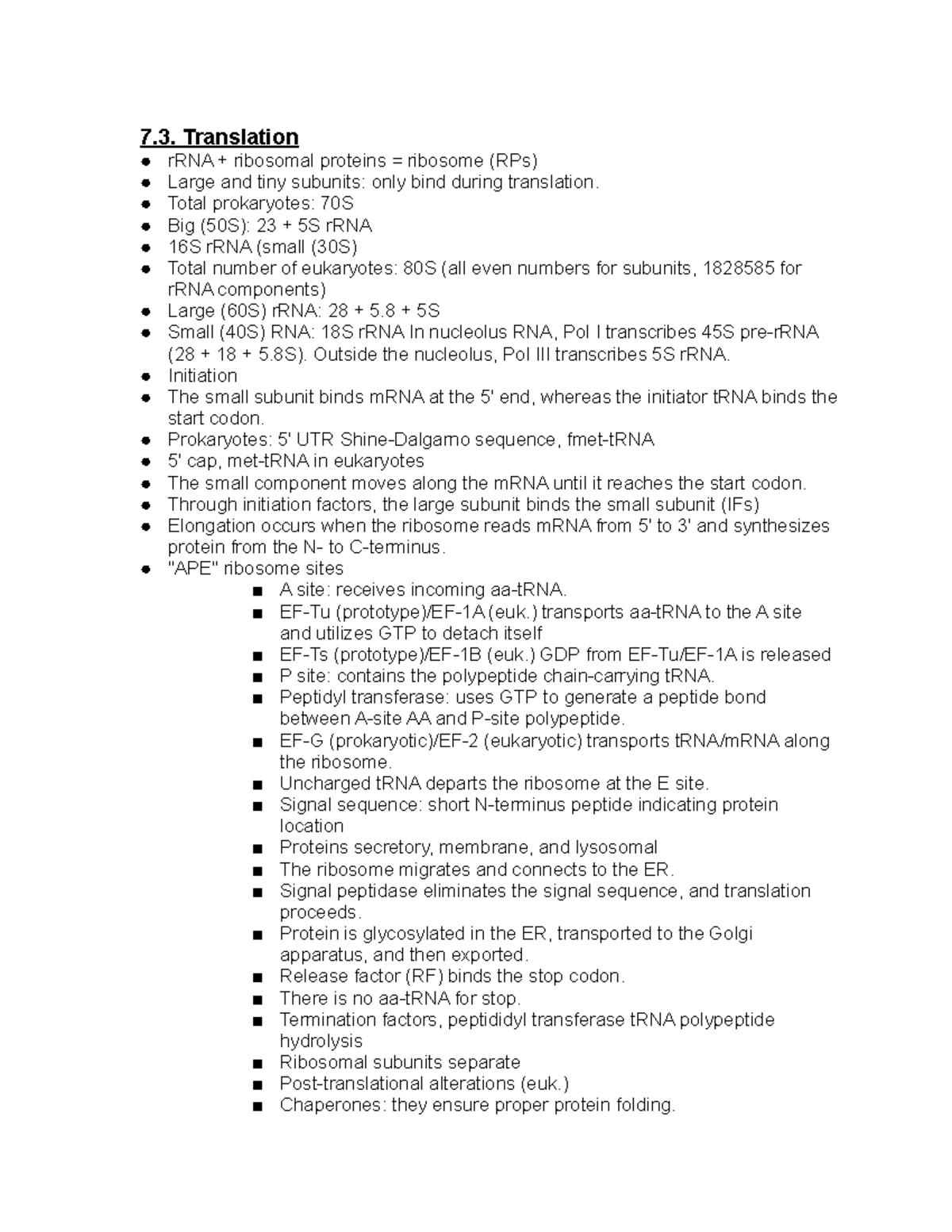 Translation - notes - 7. Translation rRNA + ribosomal proteins ...