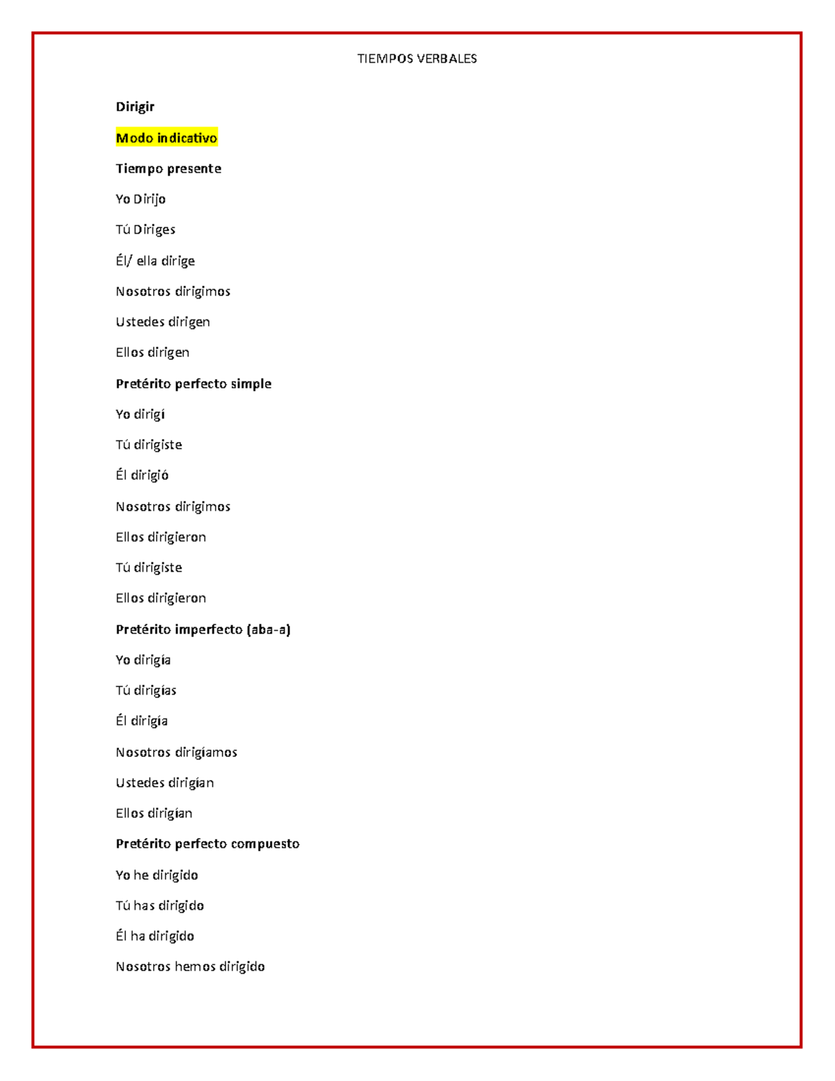 Conjugacion de palabras - Dirigir Modo indicativo Tiempo presente Yo ...