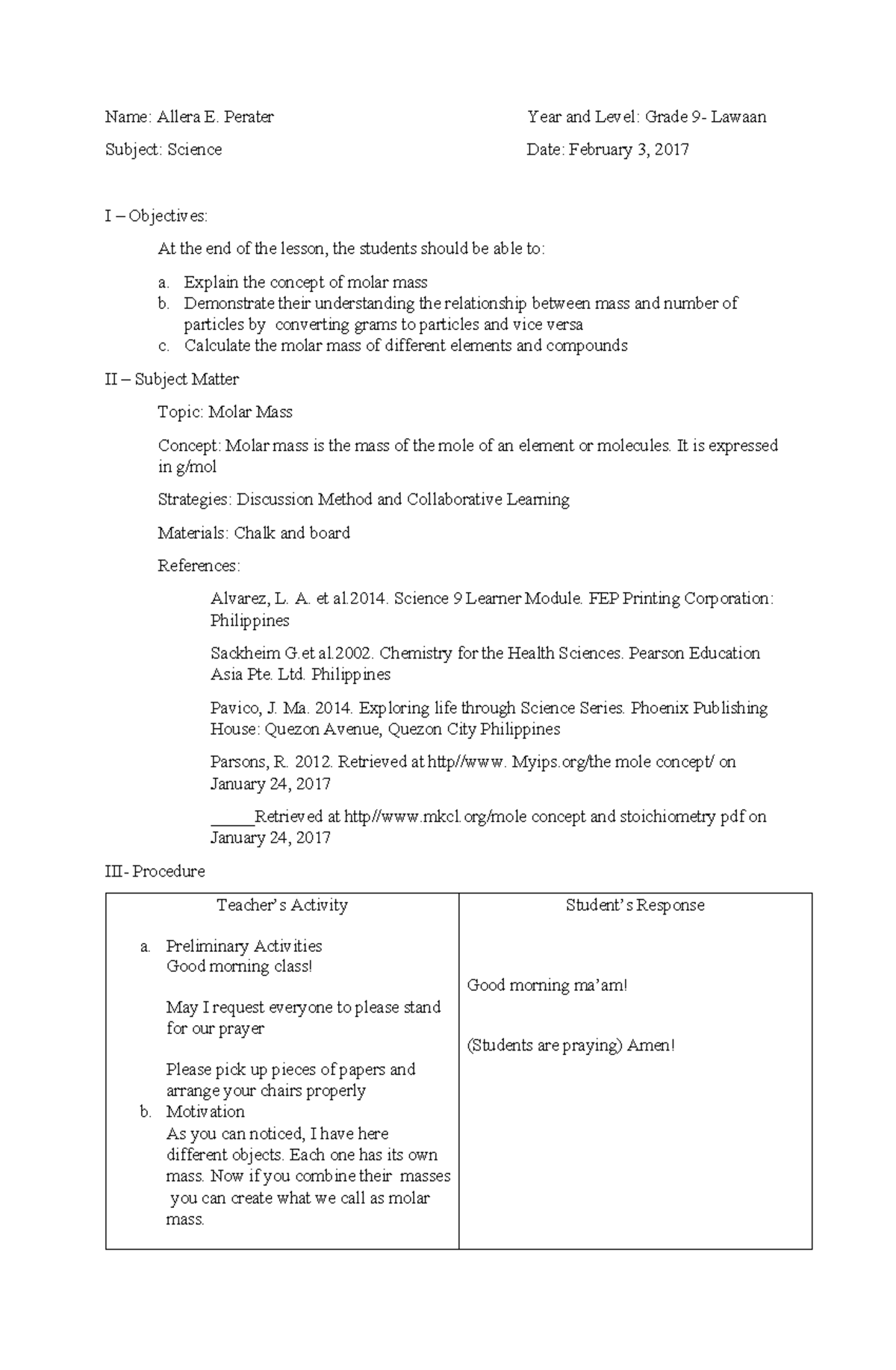 Lesson plan for molar mass draft 3 - Copy - Name: Allera E. Perater ...