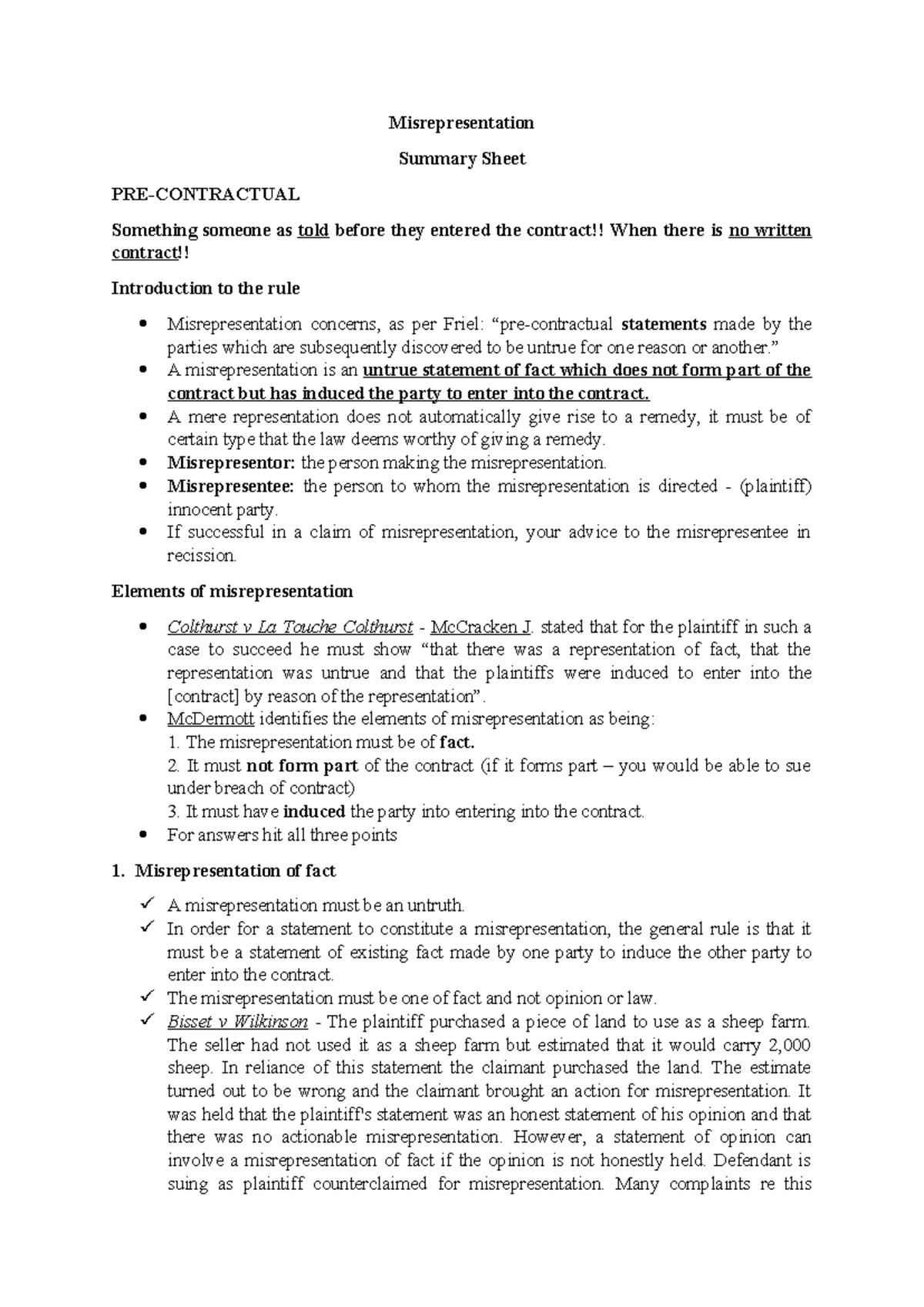 Misrepresentation Summary Sheet - Misrepresentation Summary Sheet PRE ...