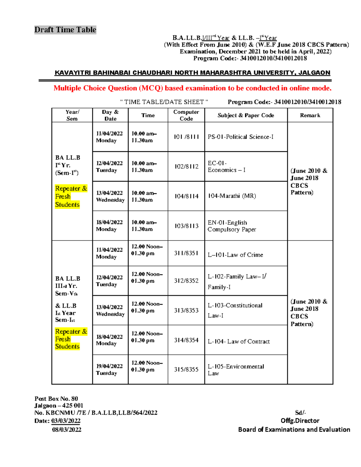 Draft Time Table BA LLB Sem- I,V LLB Sem-I Exam Dec 2021held in April ...