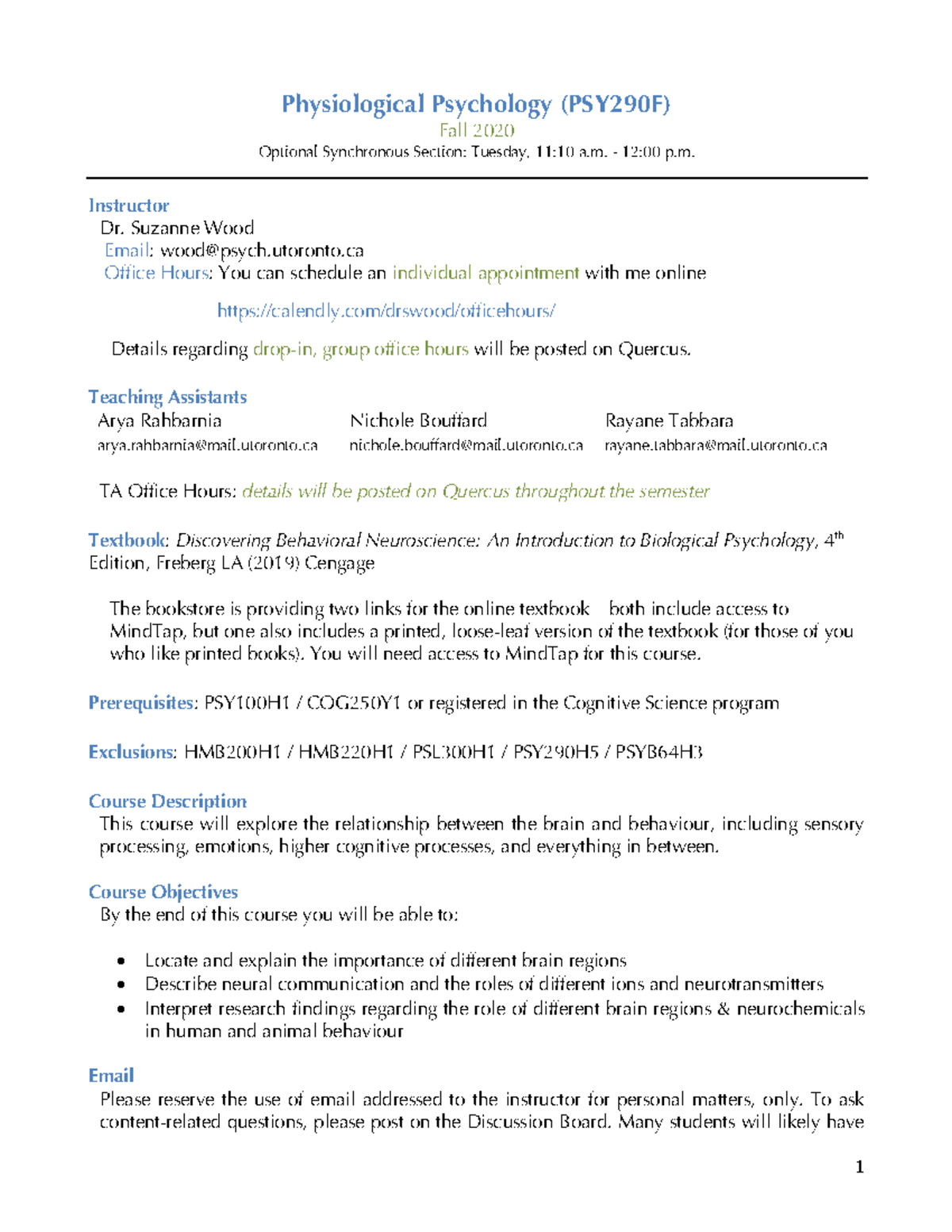 PSY290 Syllabus - Physiological Psychology (PSY290F) Fall 20 20 Optional Synchronous Section ...
