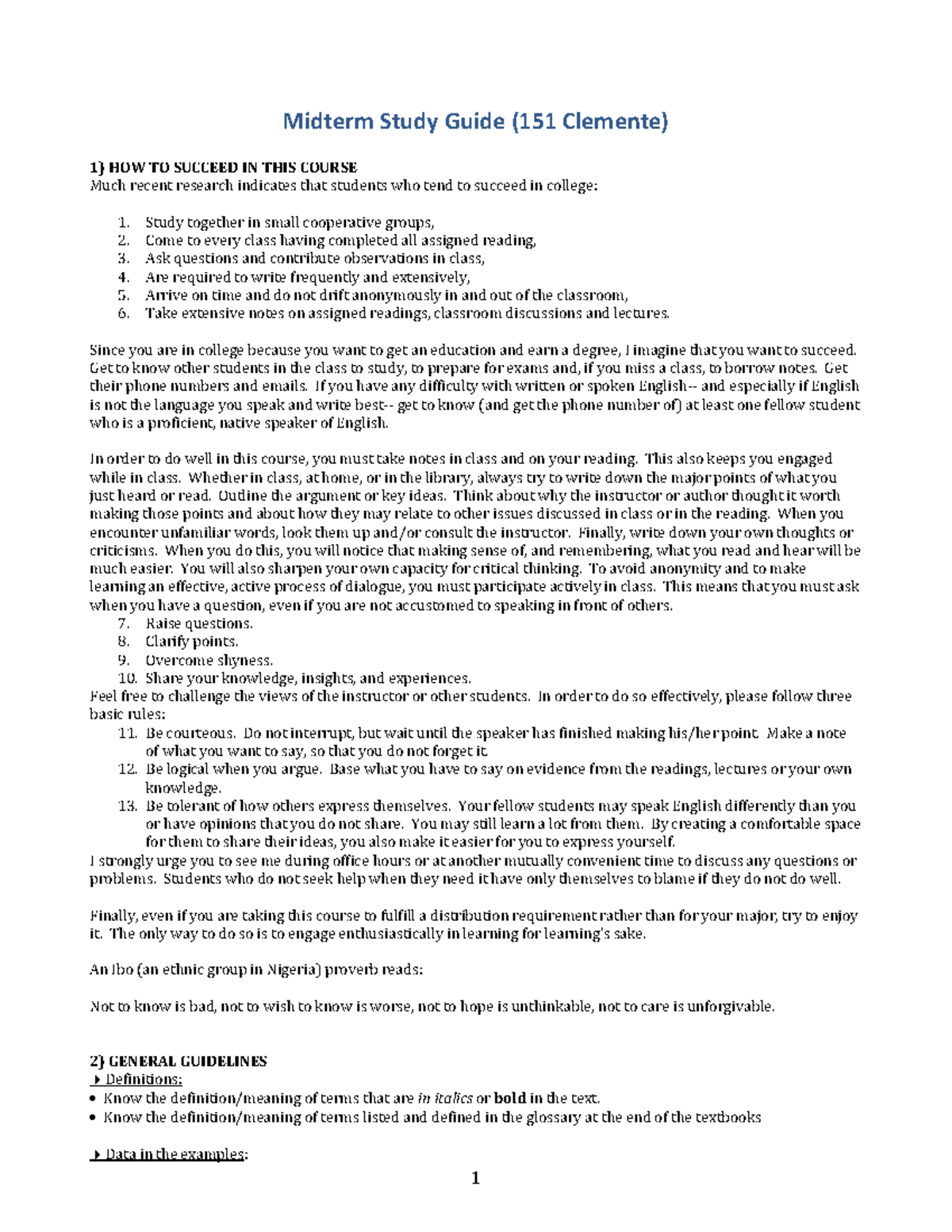 Midterm Study Guide (151 Ling Clemente)(1) - 1 Midterm Study Guide (151 ...