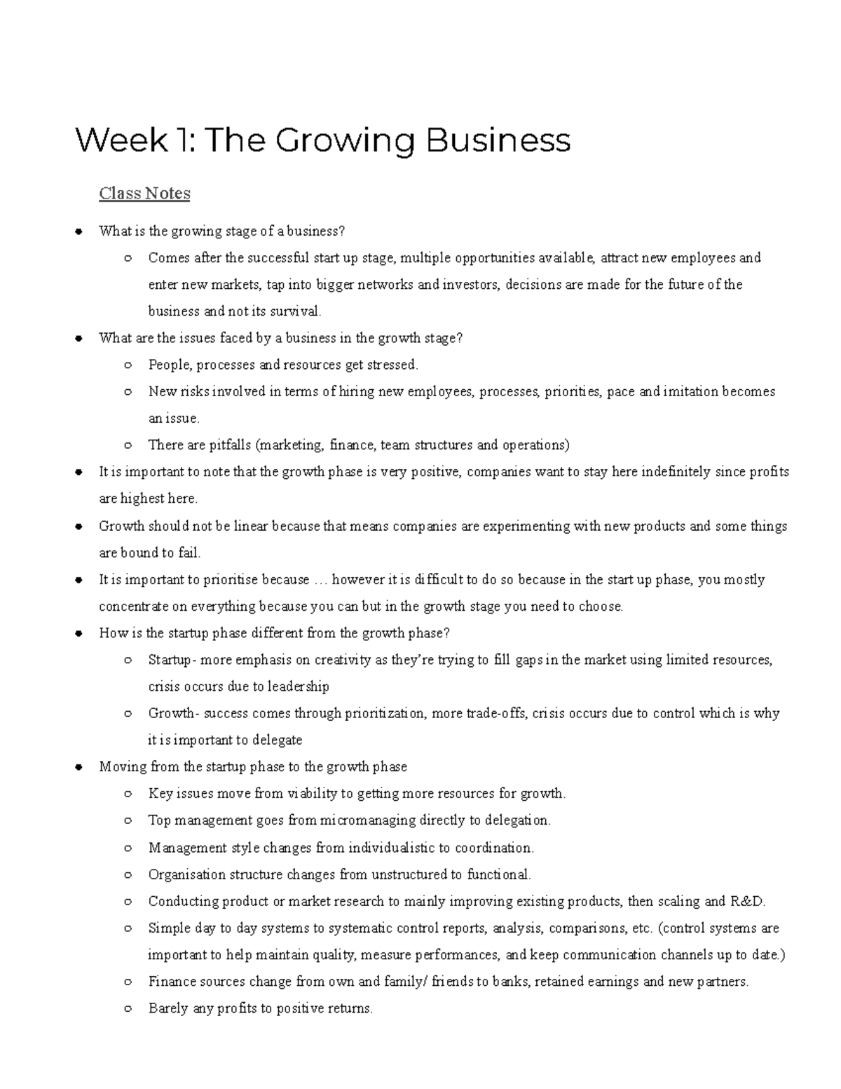 Bsm200 examnotes from class - Week 1: The Growing Business Class Notes ...
