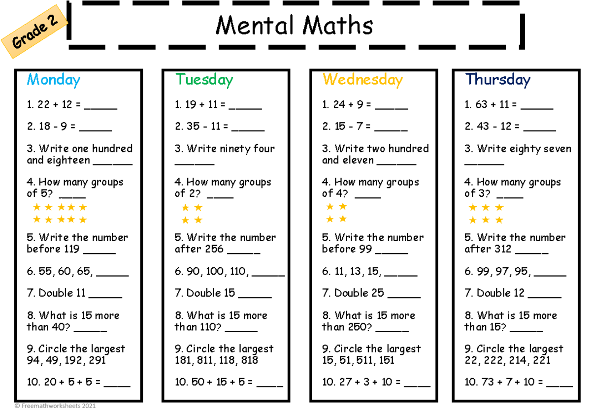 Grade 2 Mental Maths Worksheet 1 - Monday 1. 22 + 12 = _____ 2. 18 - 9 ...