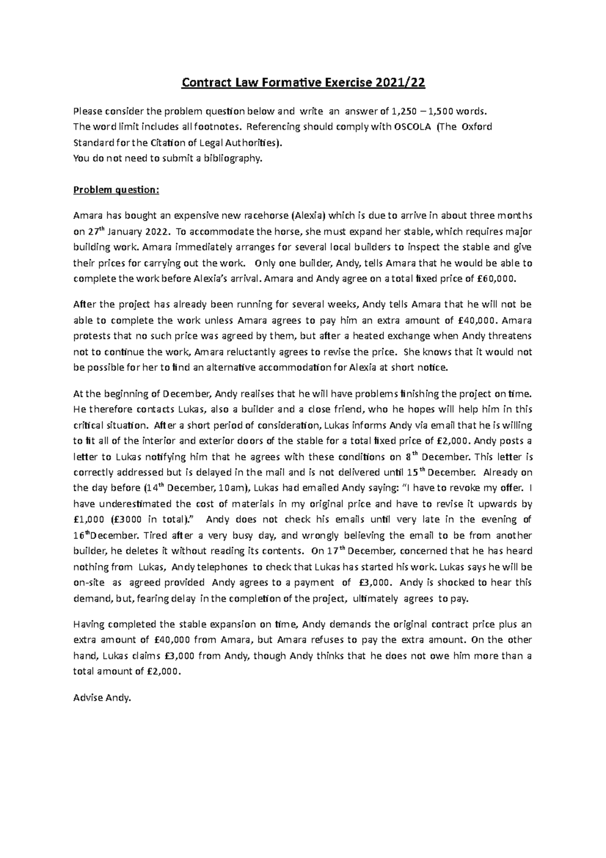 Formative Work - Outline of Answer, Self-Assessment Guidance - Contract Law Formative Exercise ...