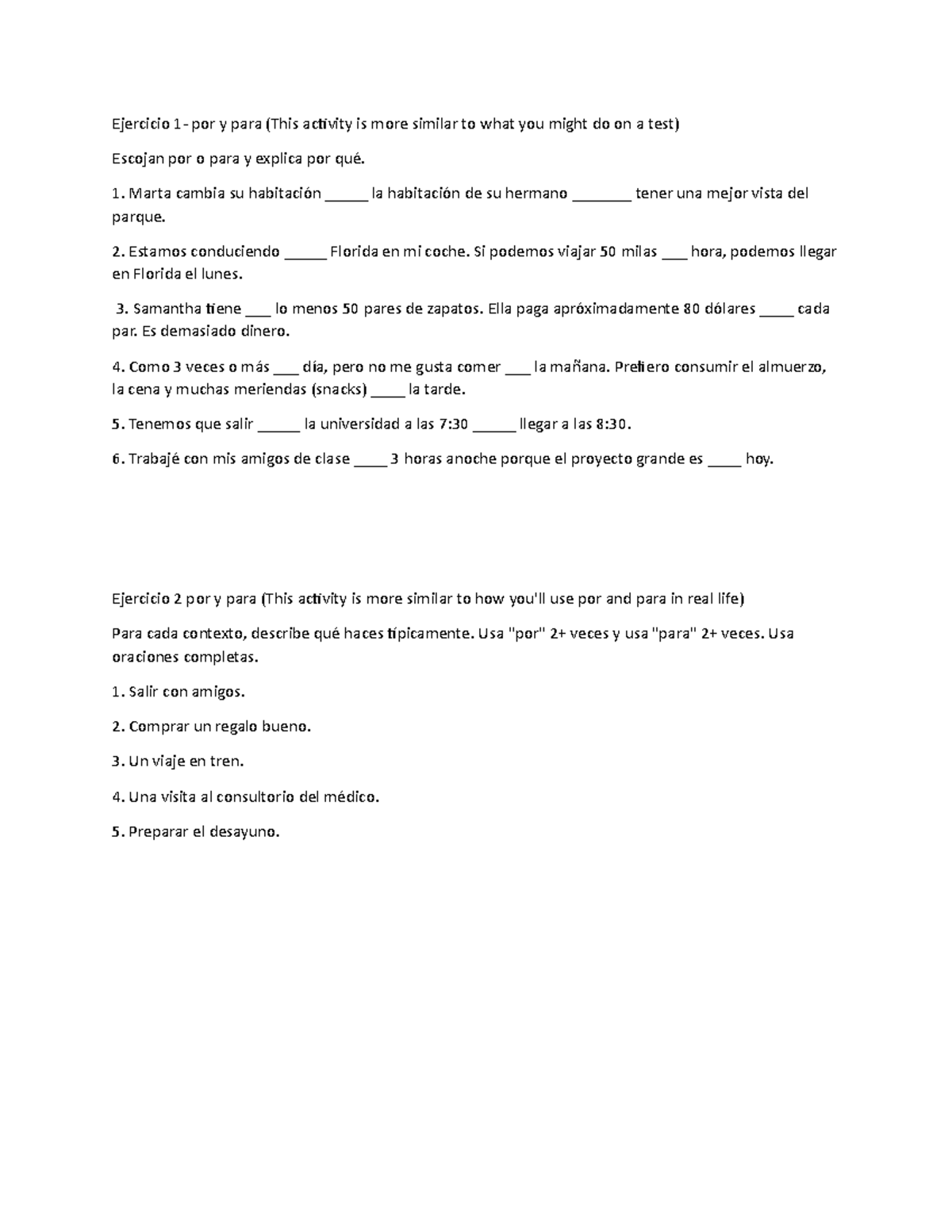 Por para exercises - Lecture notes 3/30 - Ejercicio 1- por y para (This ...