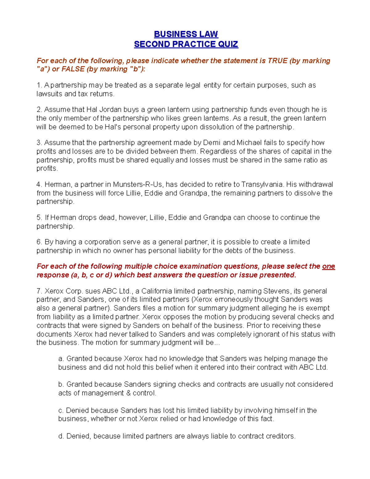 Business LAW - Second Practice QUIZ - BUSINESS LAW SECOND PRACTICE QUIZ ...
