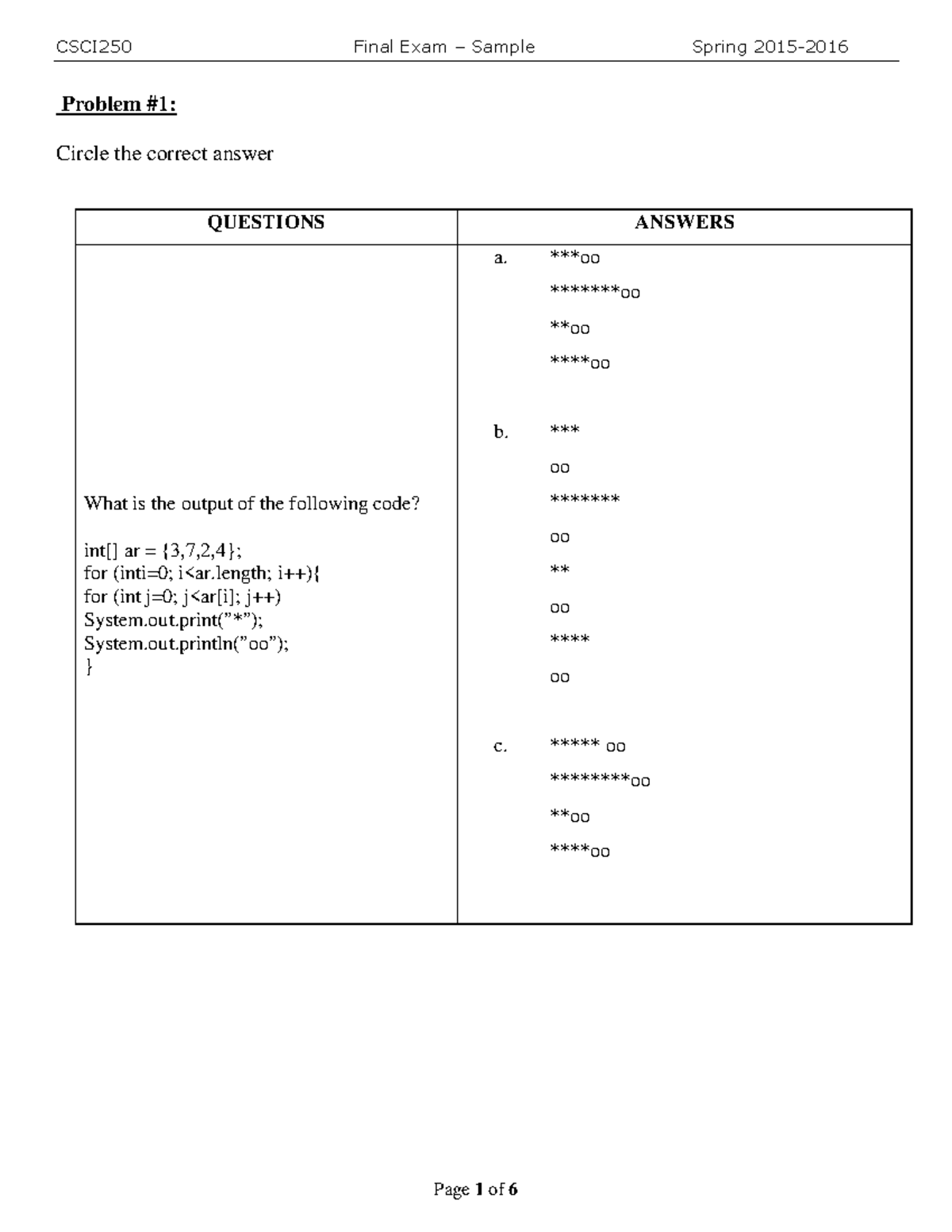Final Exam 2018, questions - Problem #1: Circle the correct answer ...