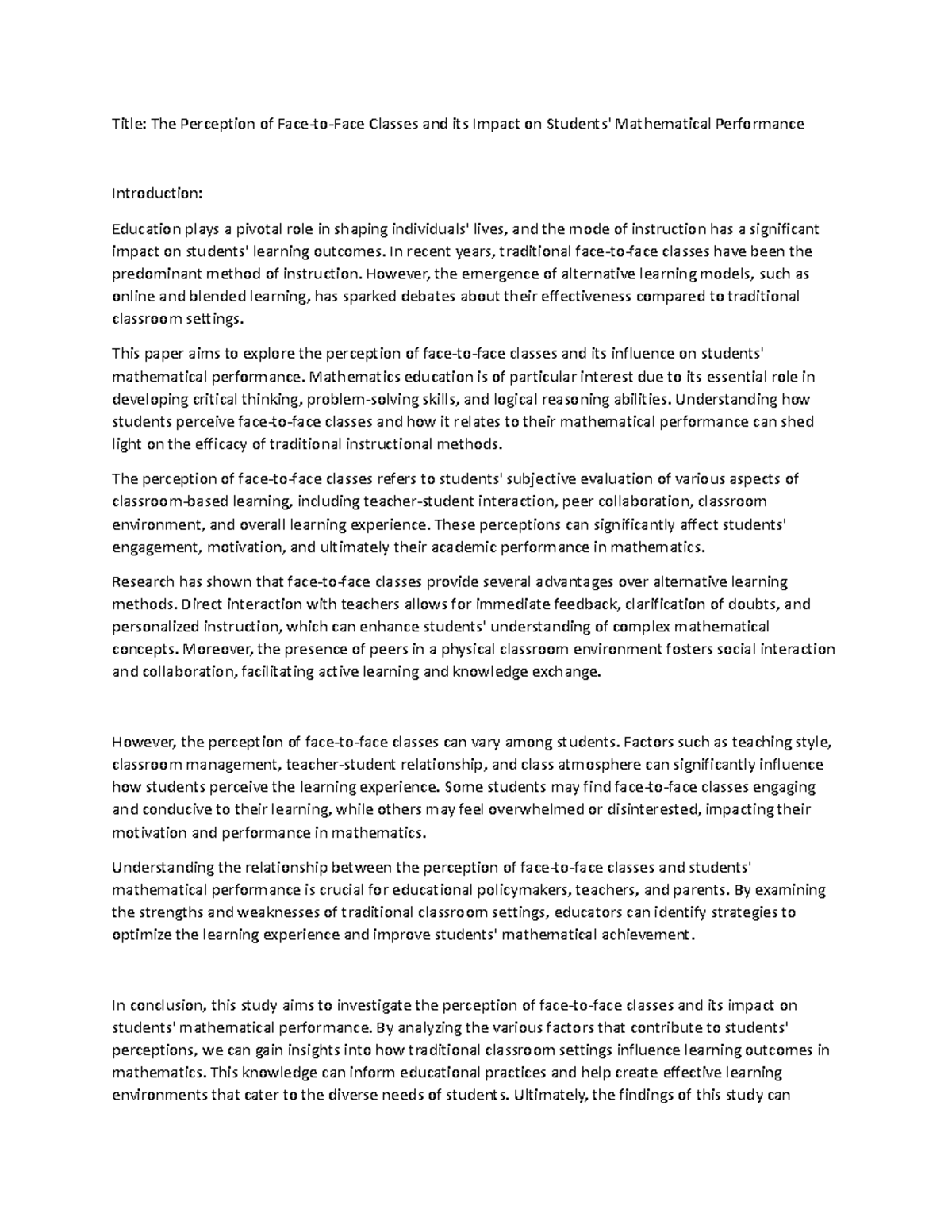 Research - Title: The Perception of Face-to-Face Classes and its Impact ...