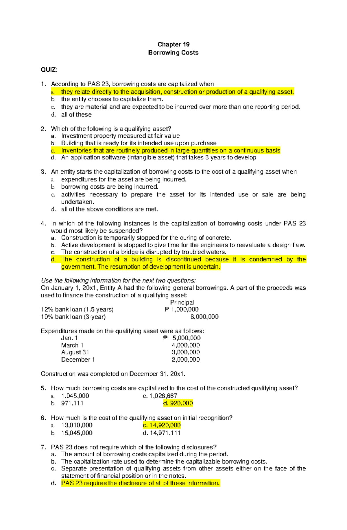 QUIZ Borrowing Costs - Chapter 19 Borrowing Costs QUIZ: According to ...