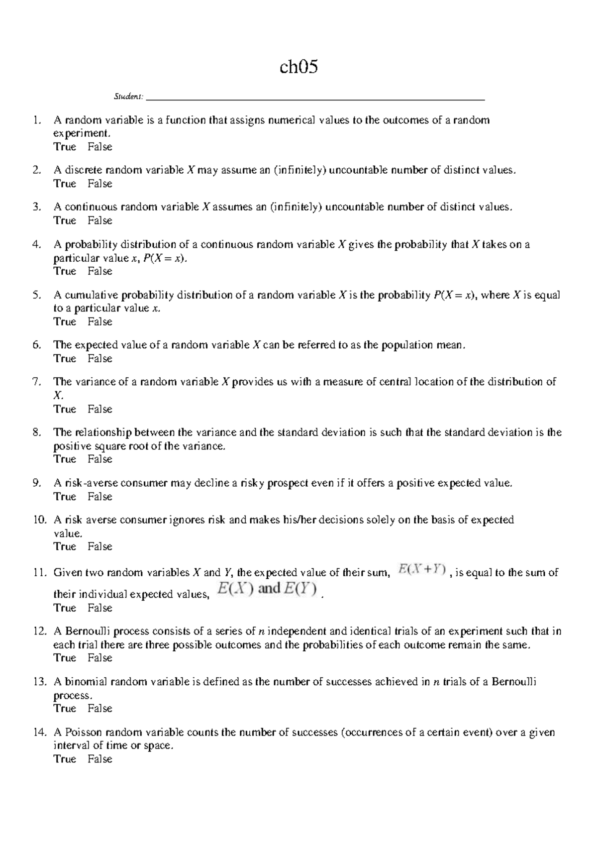 Ch05 - Ch 7. prep questions - ch Student: A random variable is a ...