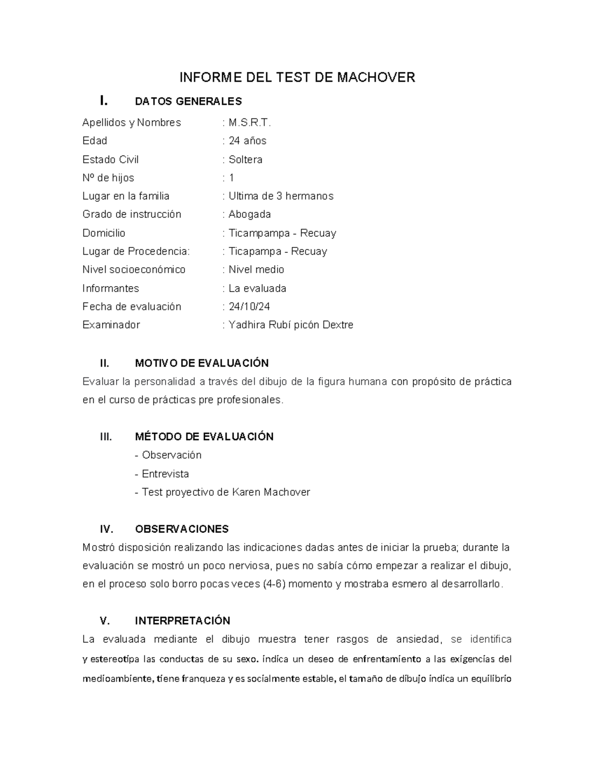 Informe DEL TEST DE Machover - INFORME DEL TEST DE MACHOVER I. DATOS ...