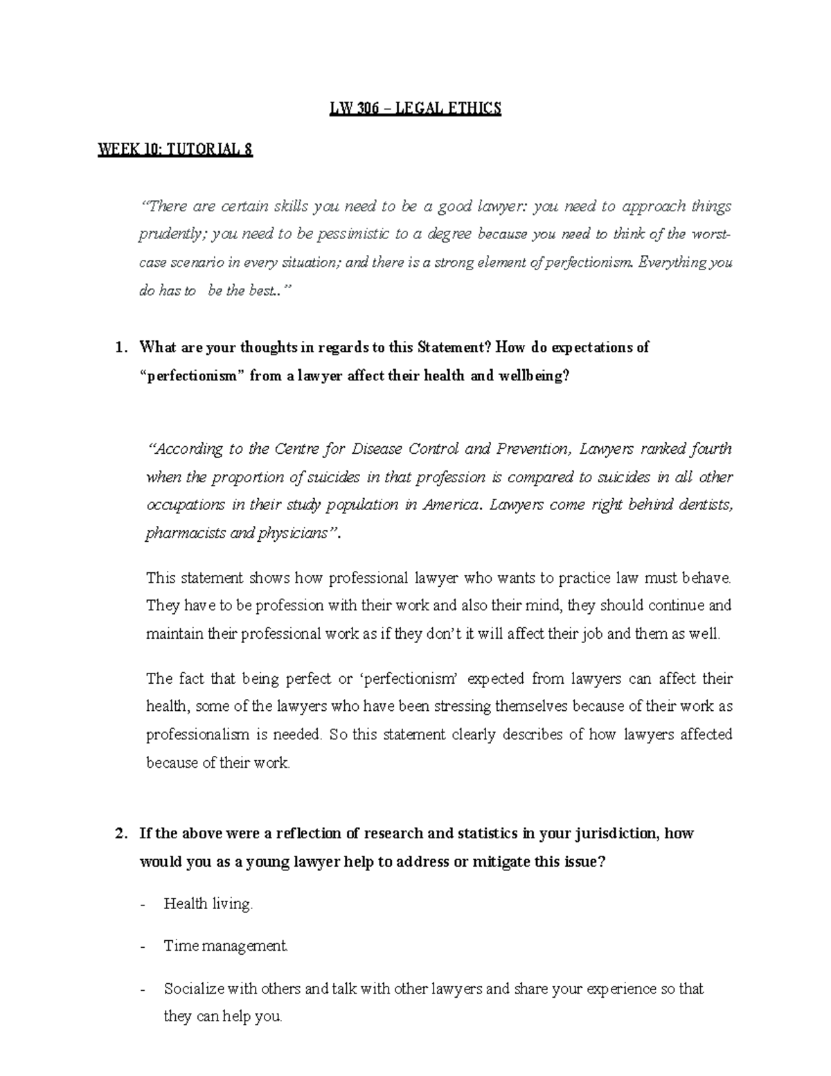 Week 10 Tutorial Questions xxx - LW 306 – LEGAL ETHICS WEEK 10 ...