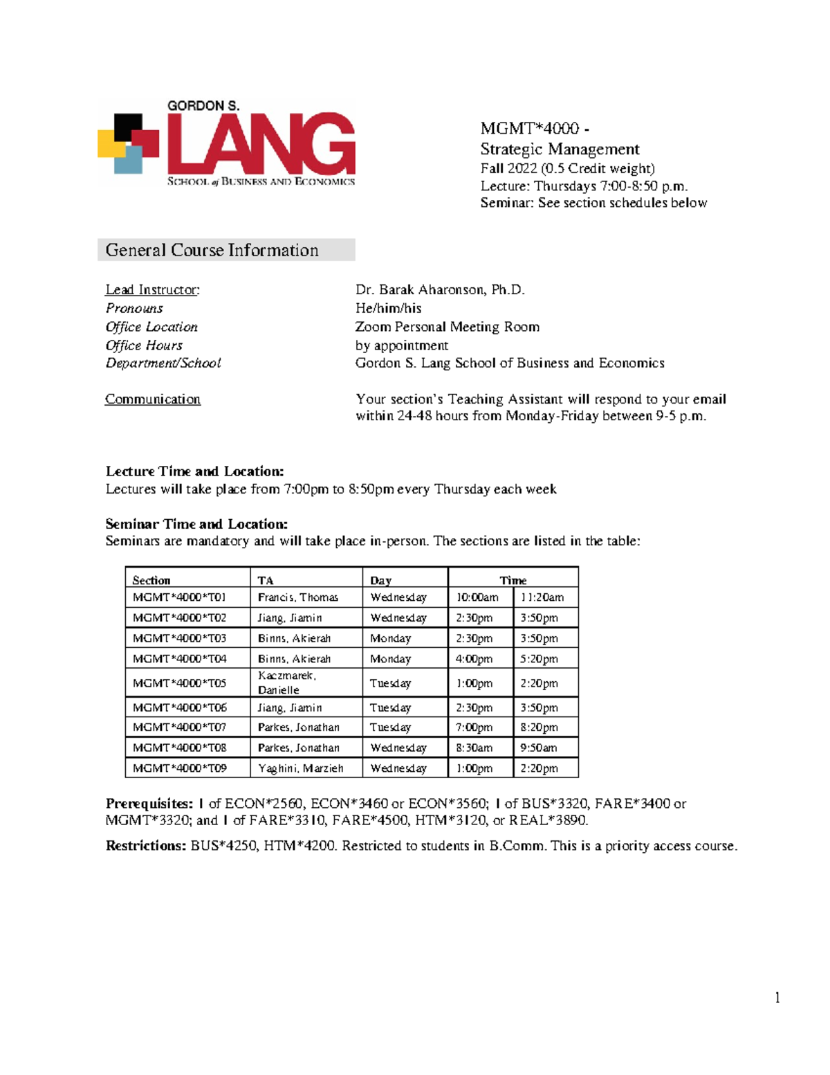 MGMT 4000 F21 - Course Outline - BA Sep 2022 - MGMT*4000 - Strategic ...