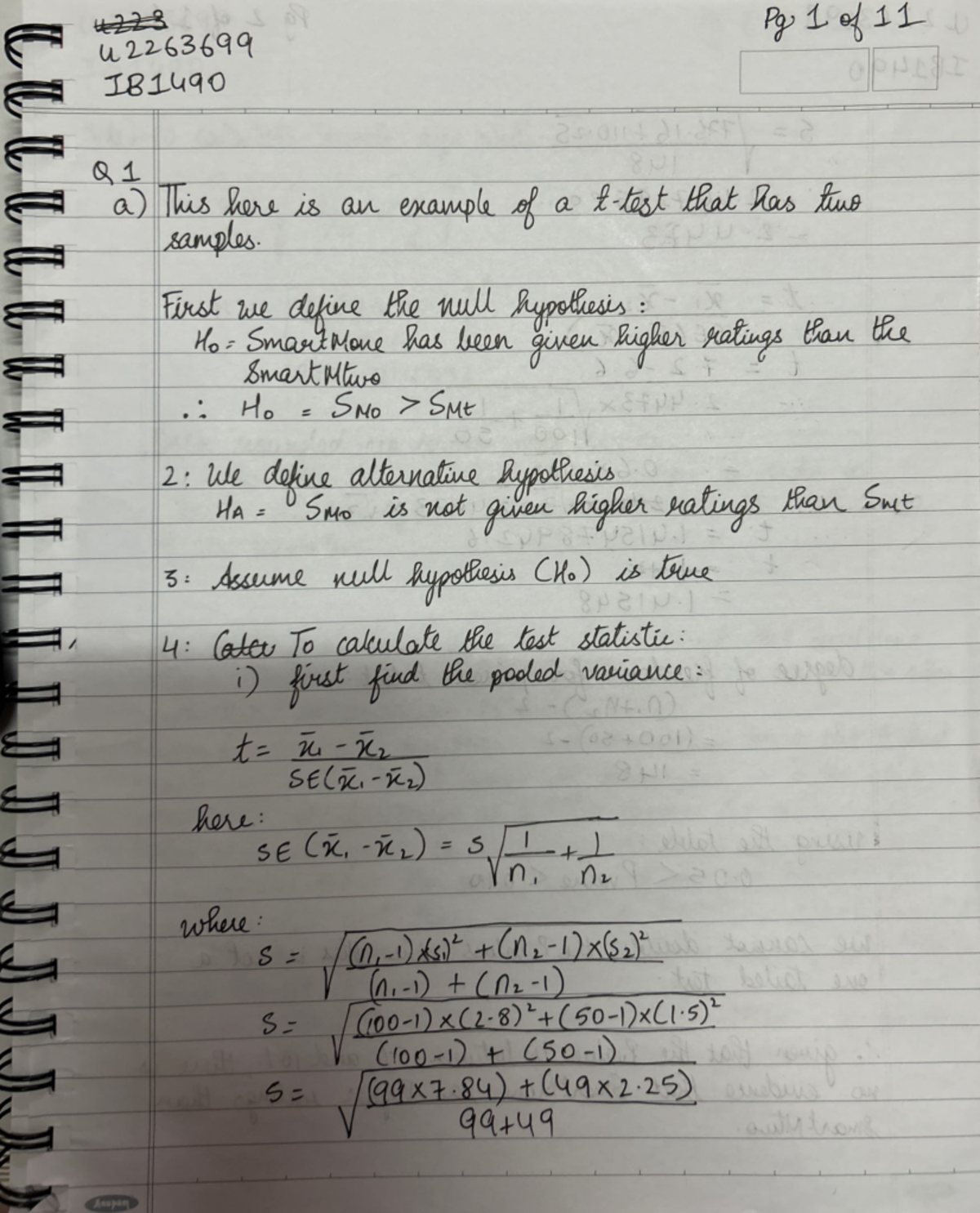 U2263699- IB1490 Introduction to Statistics - . : Ho 5 No 7 t' I . ' I ...