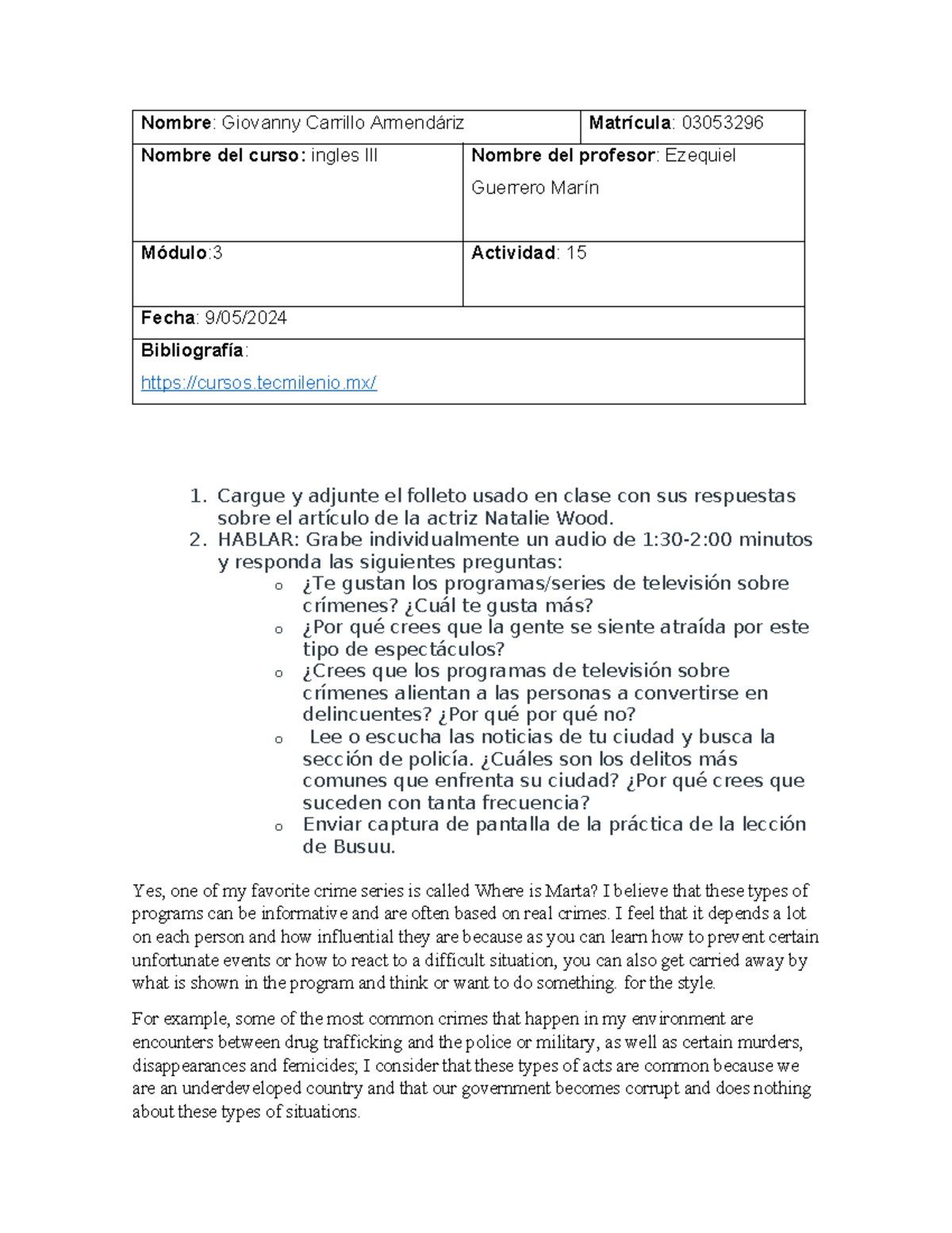 Act 15 ingles - doc - Nombre: Giovanny Carrillo Armendáriz Matrícula: 03053296 Nombre del curso ...