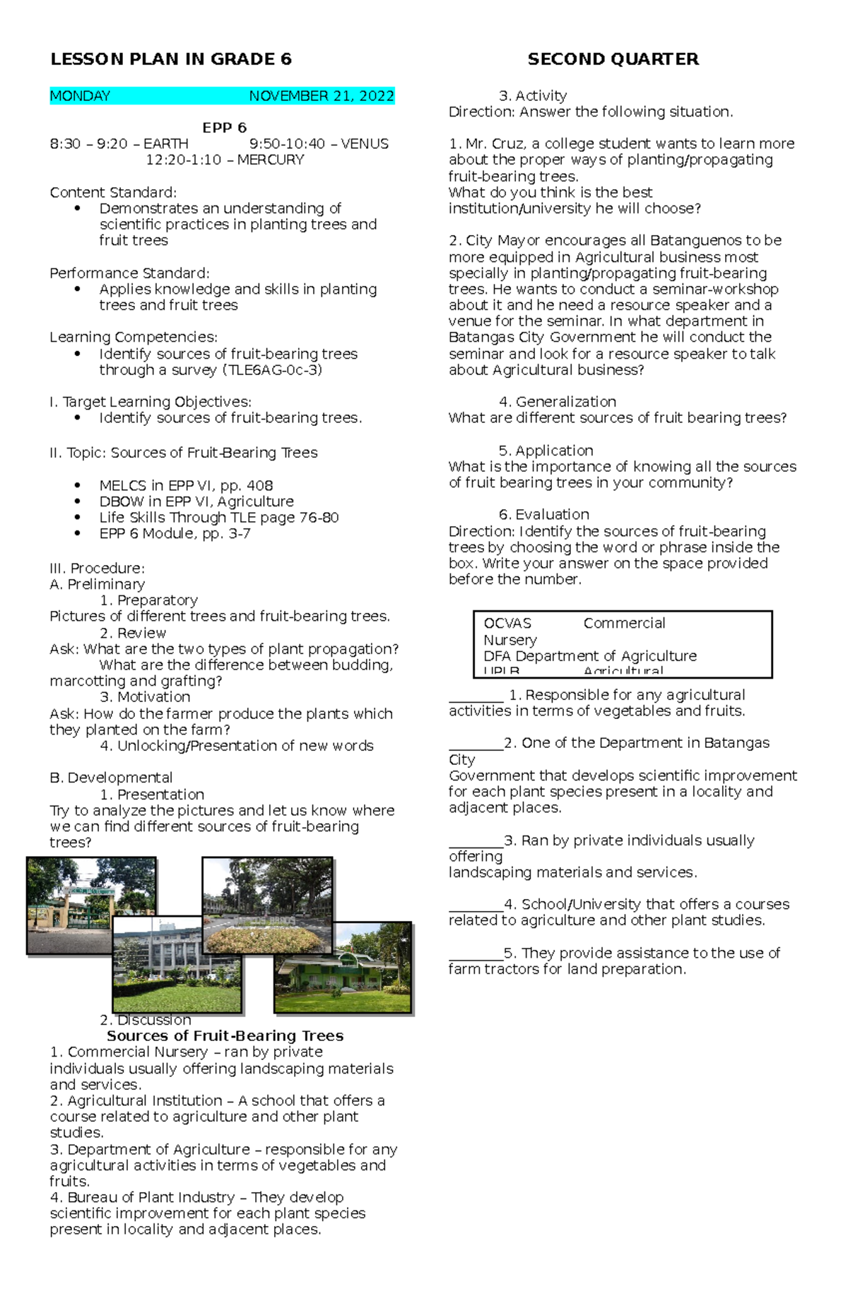 EPP 6 - WEEK 3 -DAY 1- 2nd Quarter - LESSON PLAN IN GRADE 6 SECOND ...