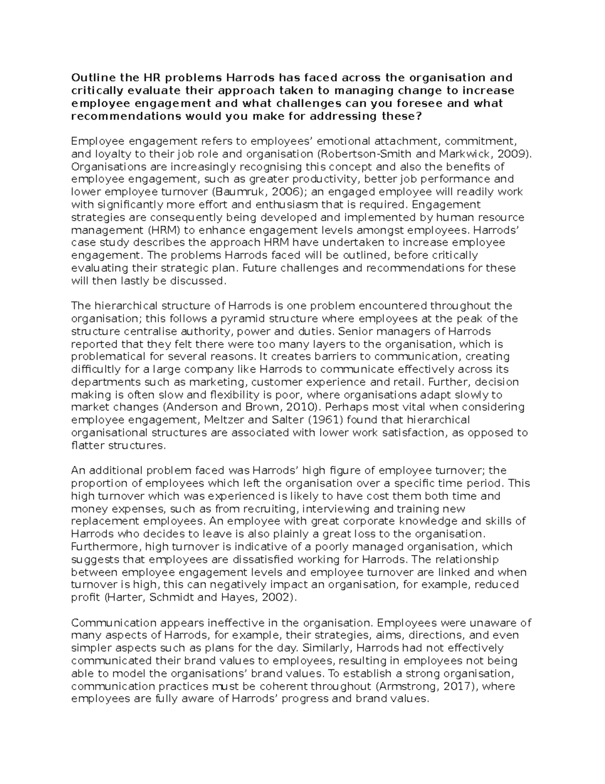 HR Essay - Grade: 75 - Outline the HR problems Harrods has faced across ...