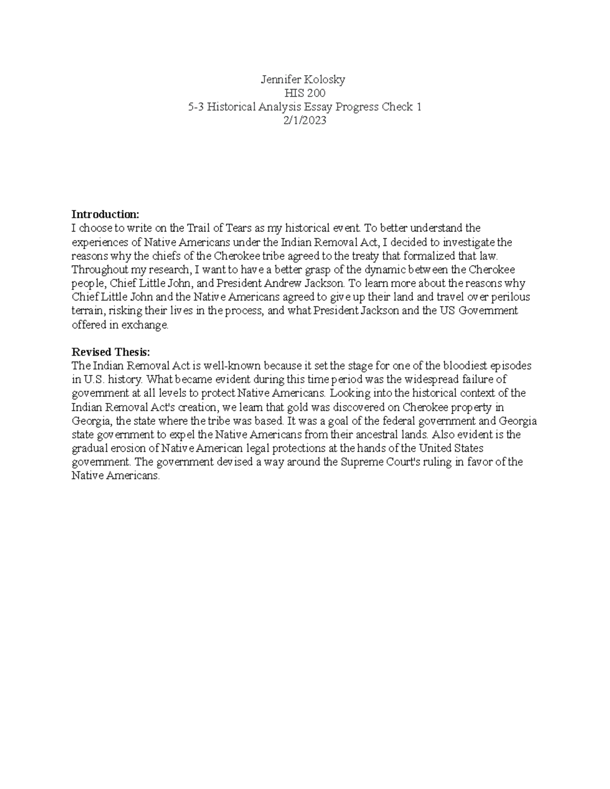 5-3 Historical Analysis Essay Progress Check One - Jennifer Kolosky HIS ...