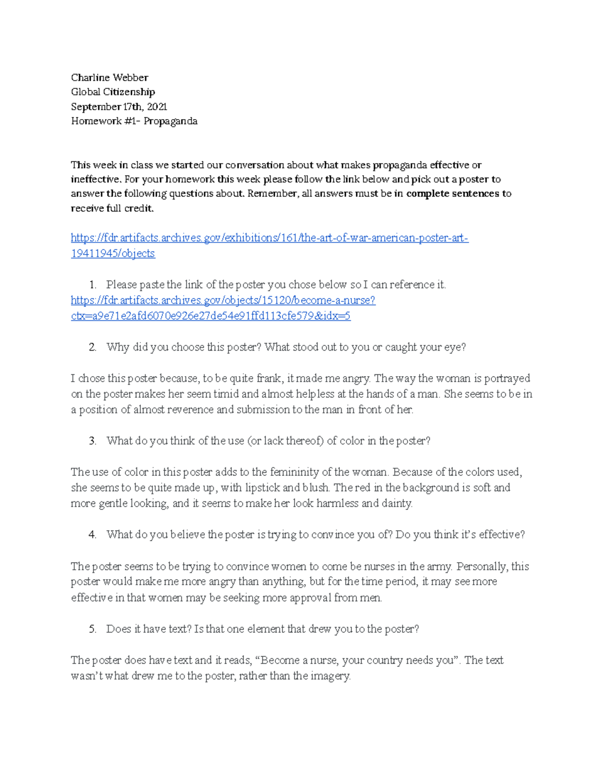 Copy of Propaganda homework - Charline Webber Global Citizenship ...